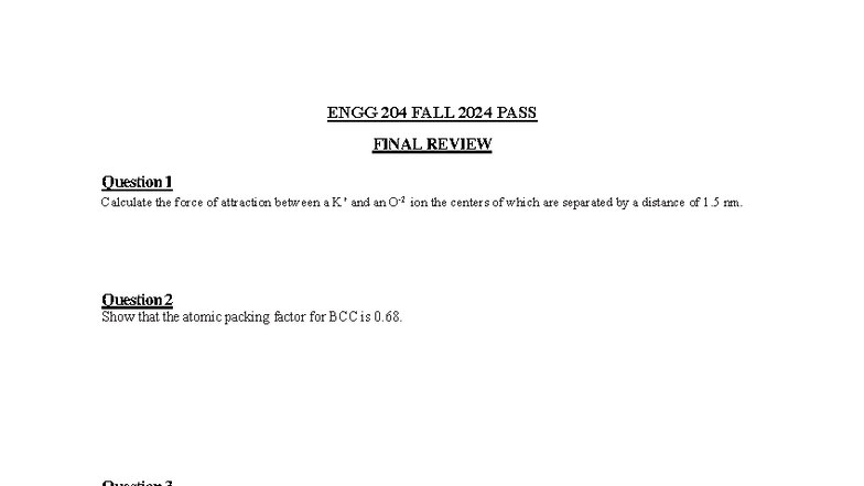 ENGG 204 Final Review - ENGG 204 FALL 202 4 PASS FINAL REVIEW Question ...