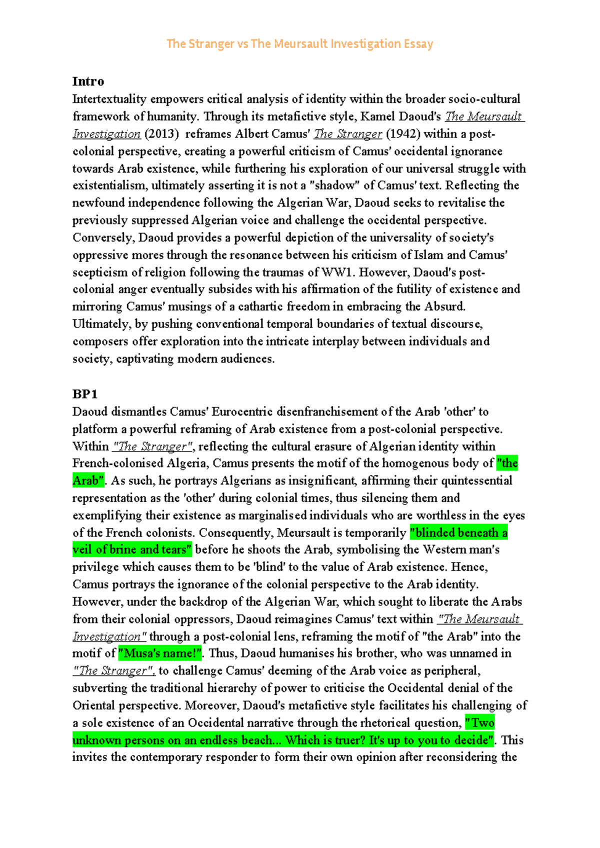 The Stranger vs The Meursault Investigation: An Analytical Essay - Studocu
