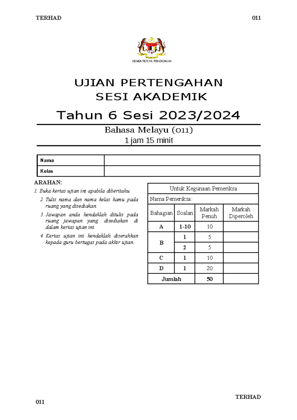 Ujian Pertengahan Bahasa Melayu Tahun 6 (011) Sesi 2023 - Studocu