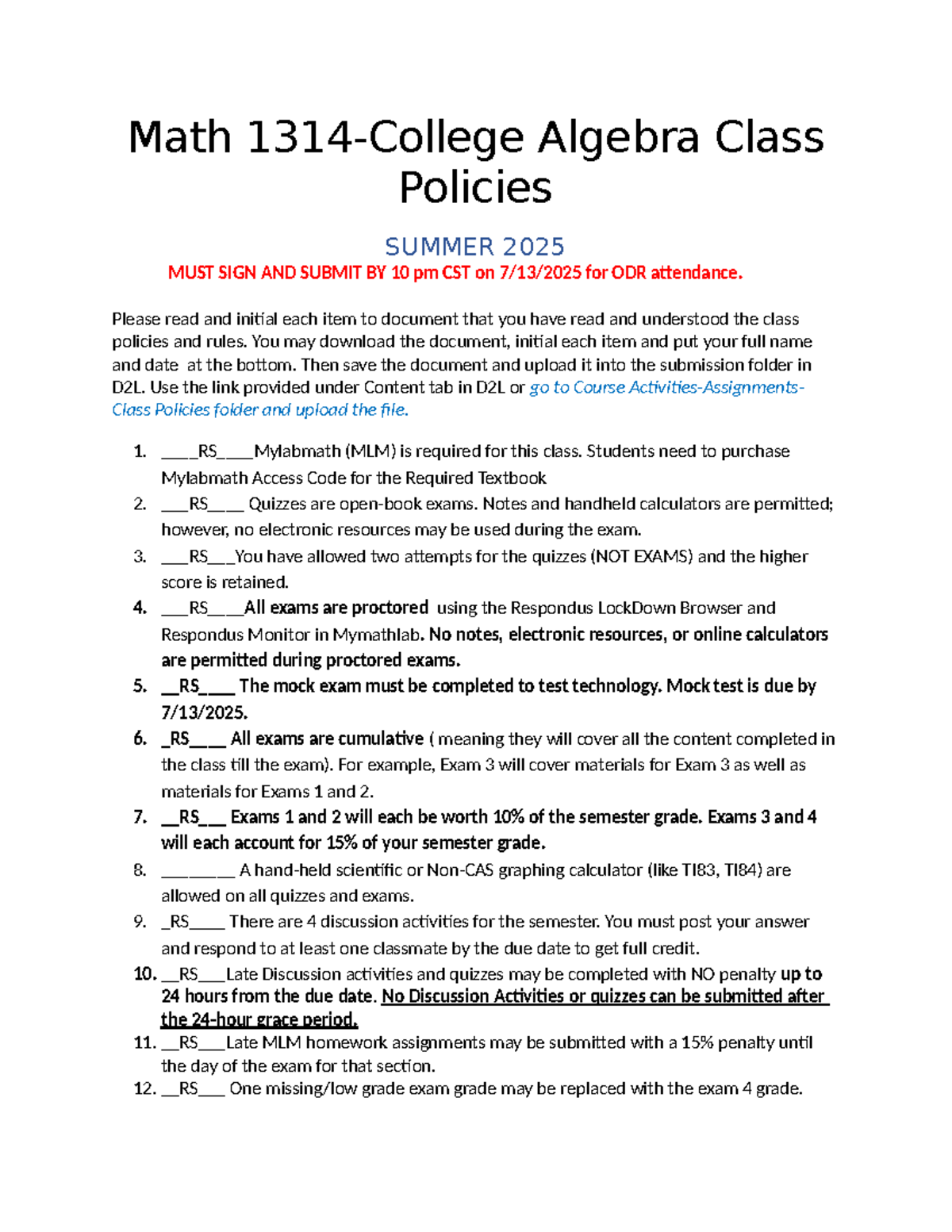 Math 1314 SU2025 Class Policies & Exam Guidelines - Studocu