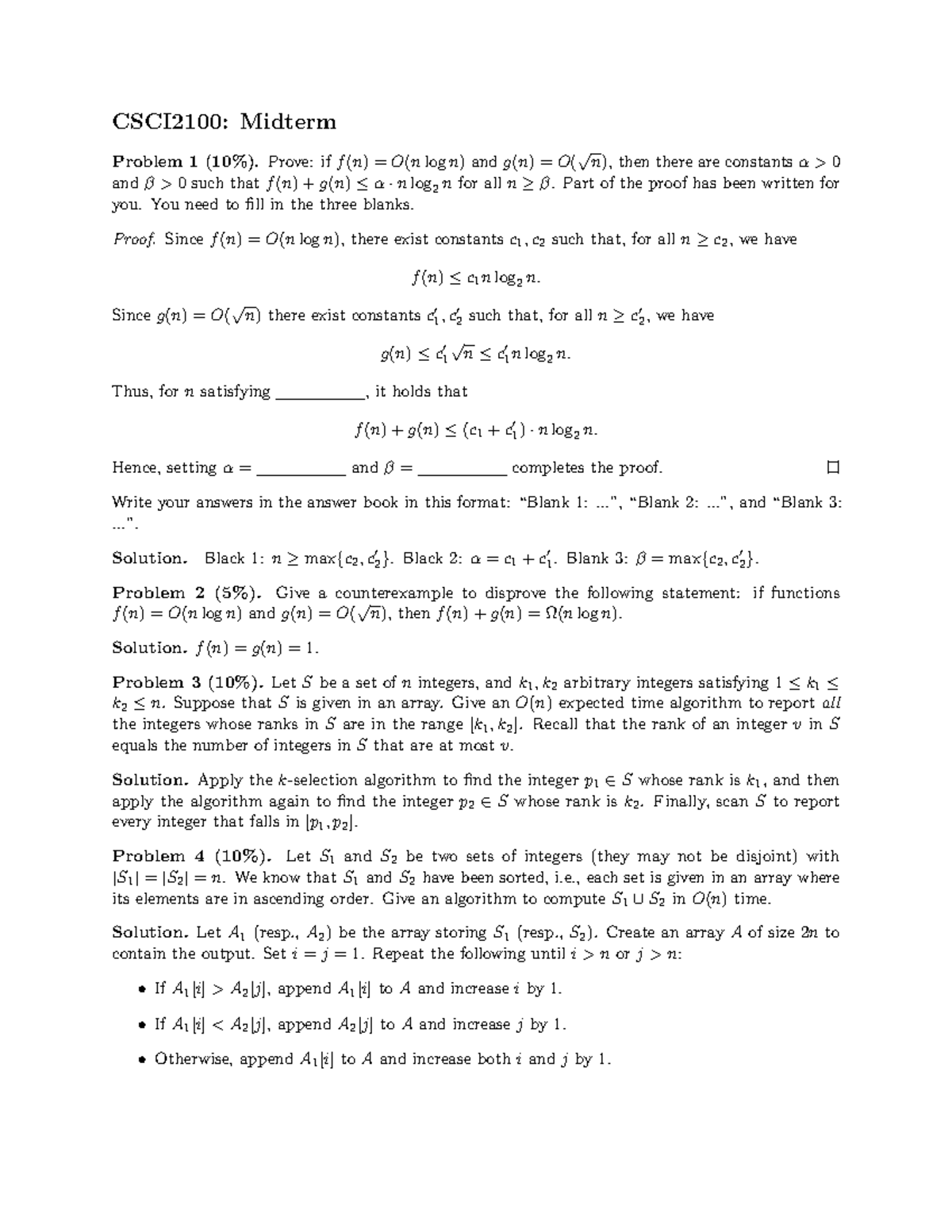 Midterm - For SectionB - CSCI2100: Midterm Problem 1 (10%). Prove: if f (n) = O(n log n) and g(n ...