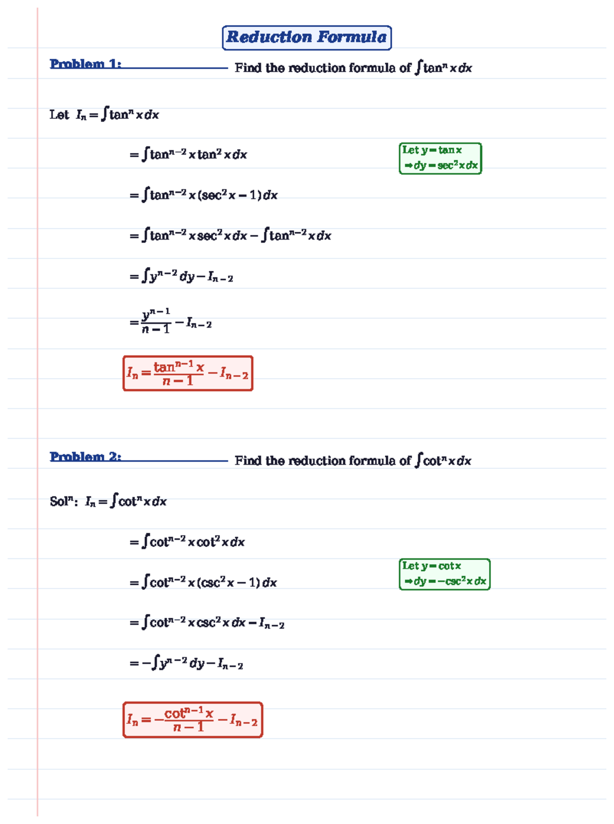 Reduction Formula Notes for Calculus: tan, cot, sec, csc Integrals ...