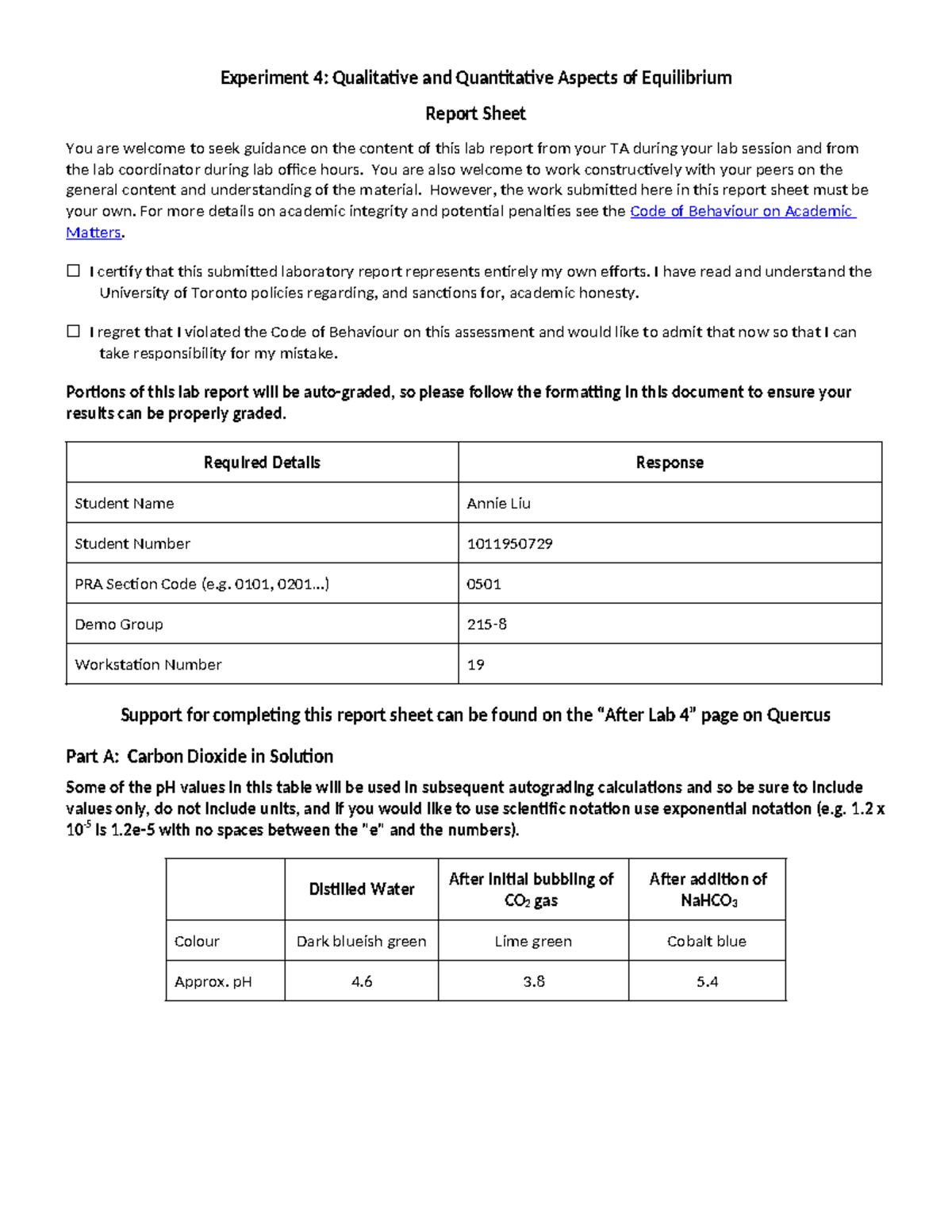 CHM135 Lab 4: Equilibrium & Titration Analysis Report Sheet - Studocu