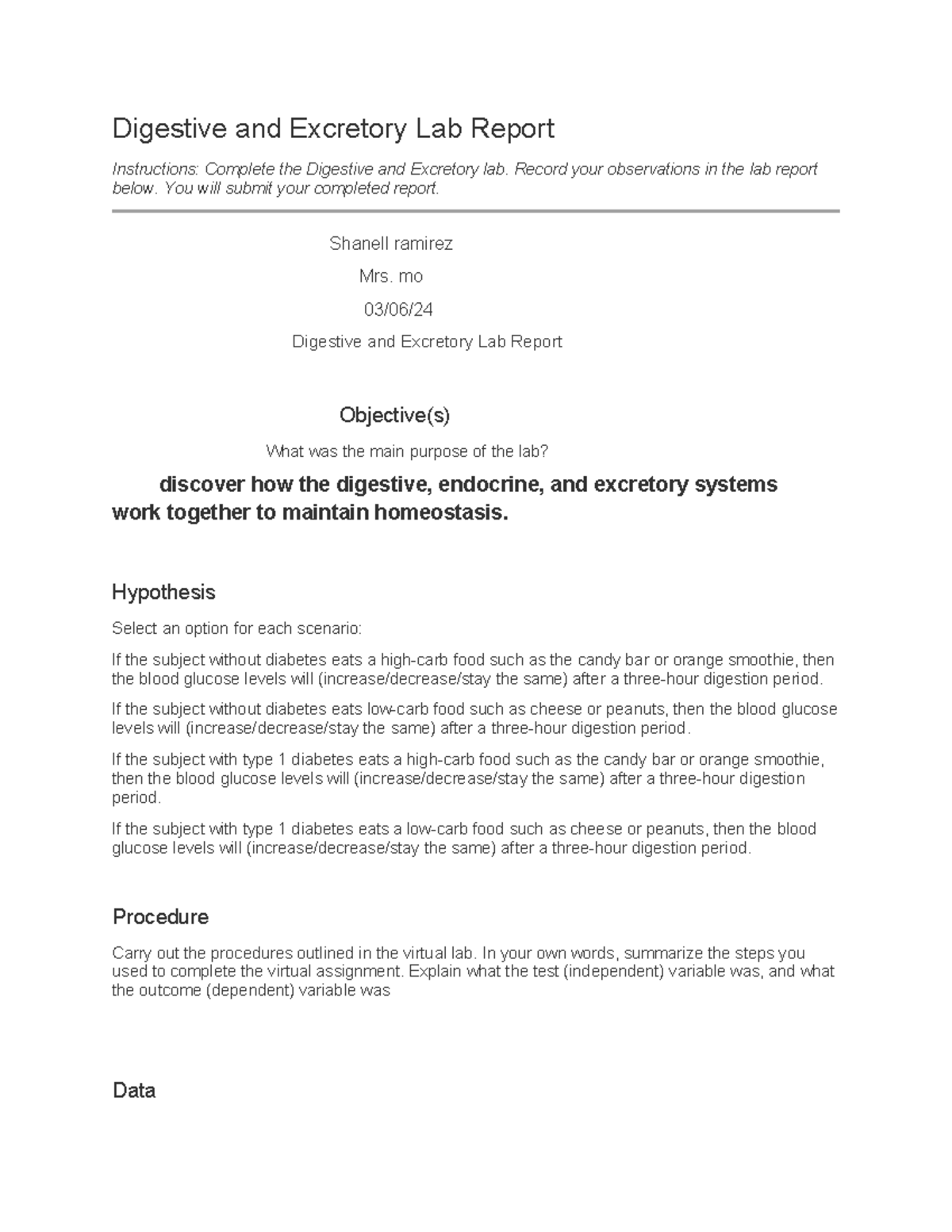 Digestive and Excretory Lab Report - Observations and Analysis - Studocu