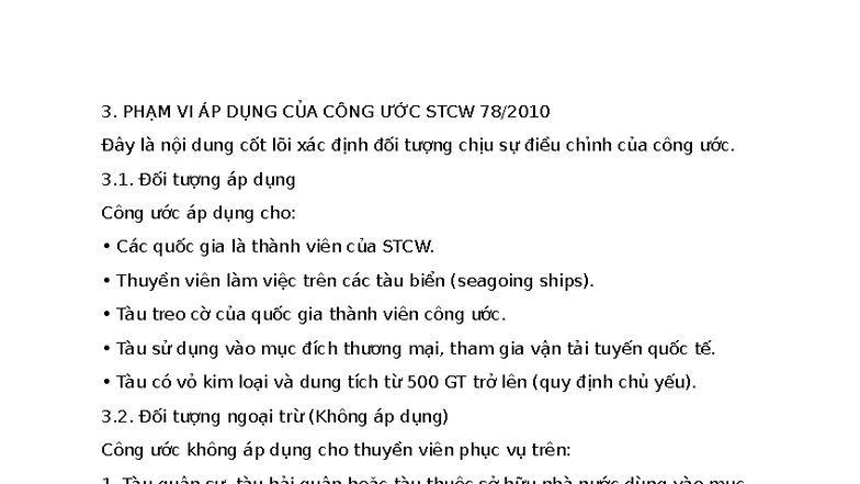 3. PHẠM VI ÁP DỤNG CÔNG ƯỚC STCW: Đối Tượng và Điều Khoản Chung - Studocu