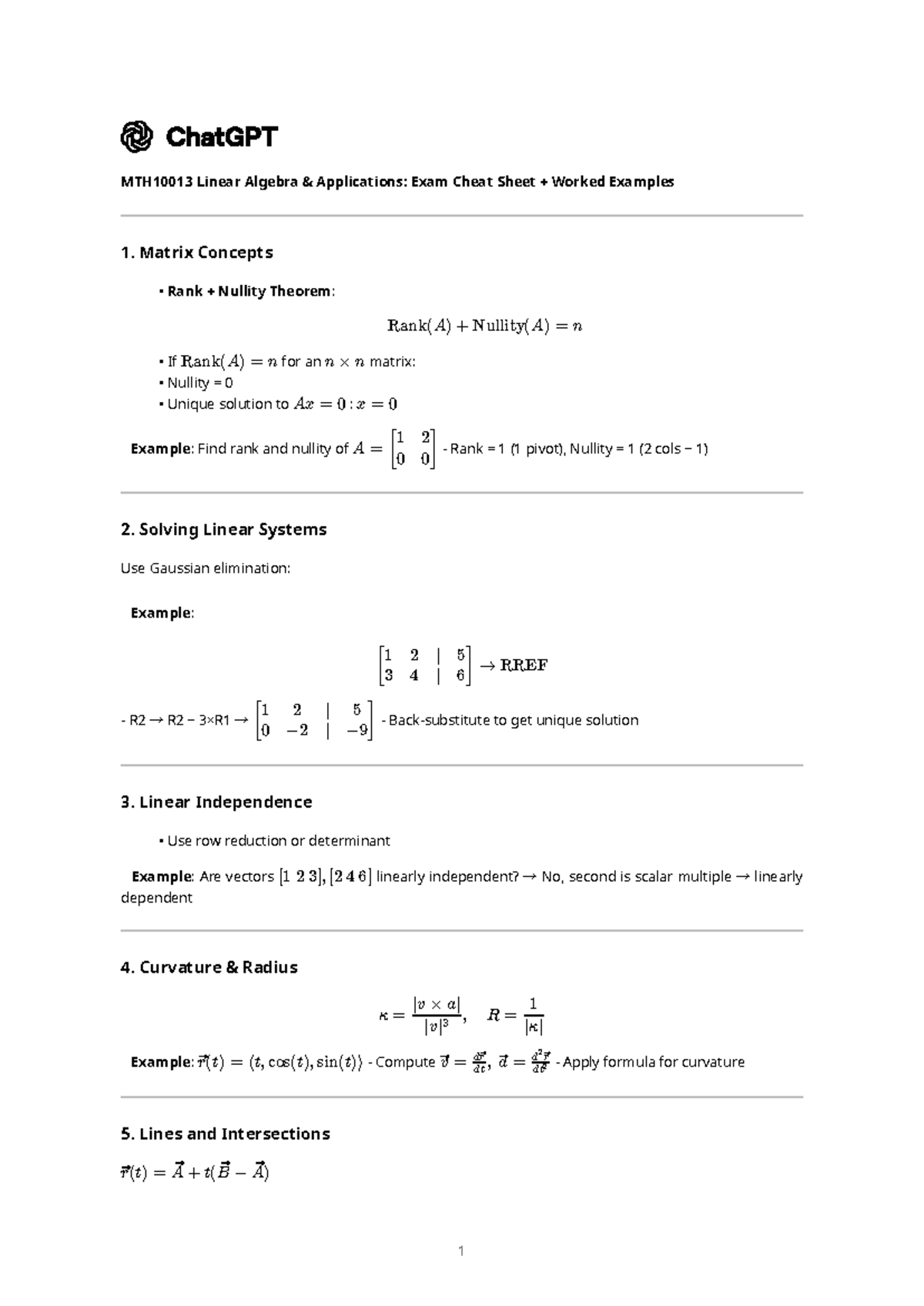 MTH10013 Linear Algebra Applications: Exam Cheat Sheet & Examples - Studocu