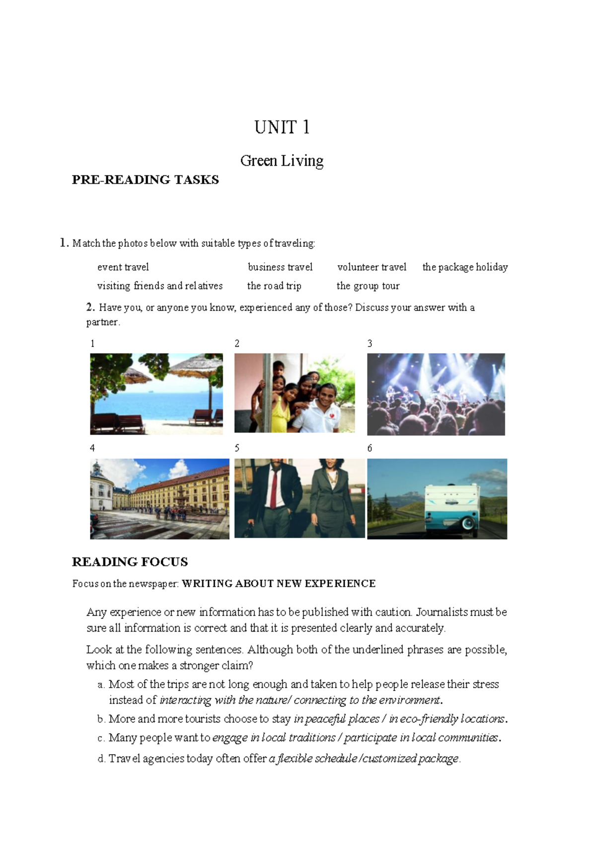 Unit 1: Green Living - Exploring Sustainable Travel and Experiences ...