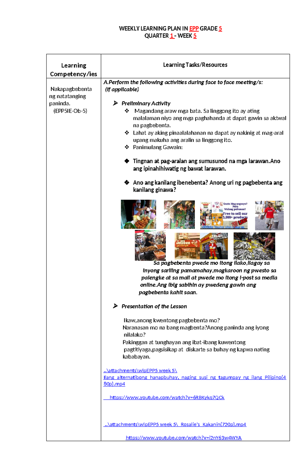 EPP5 Q1 W5 - Weekly Learning Plan on Selling Strategies - Studocu