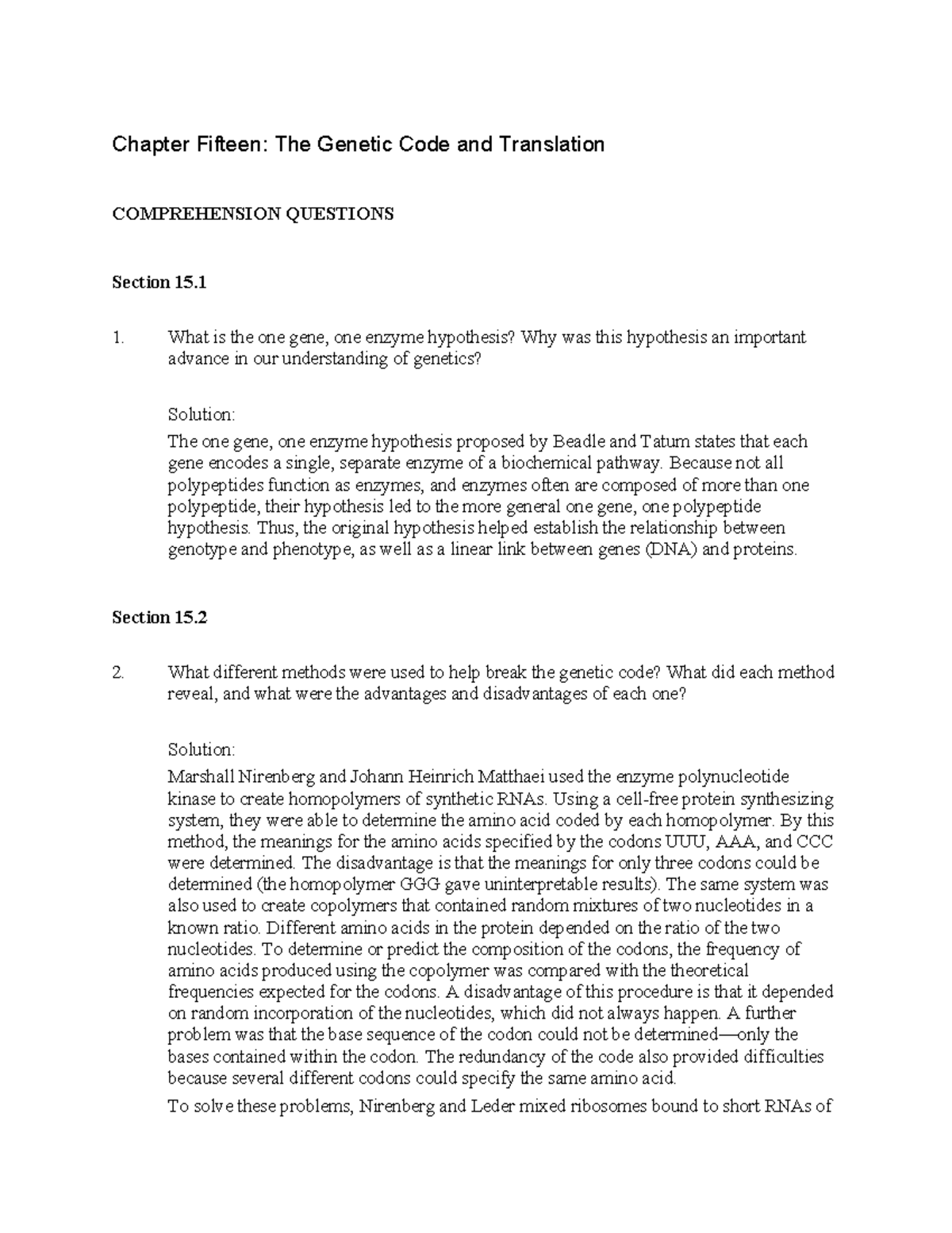 Genetic Code and Protein Synthesis: Chapter 15 Comprehension Questions ...