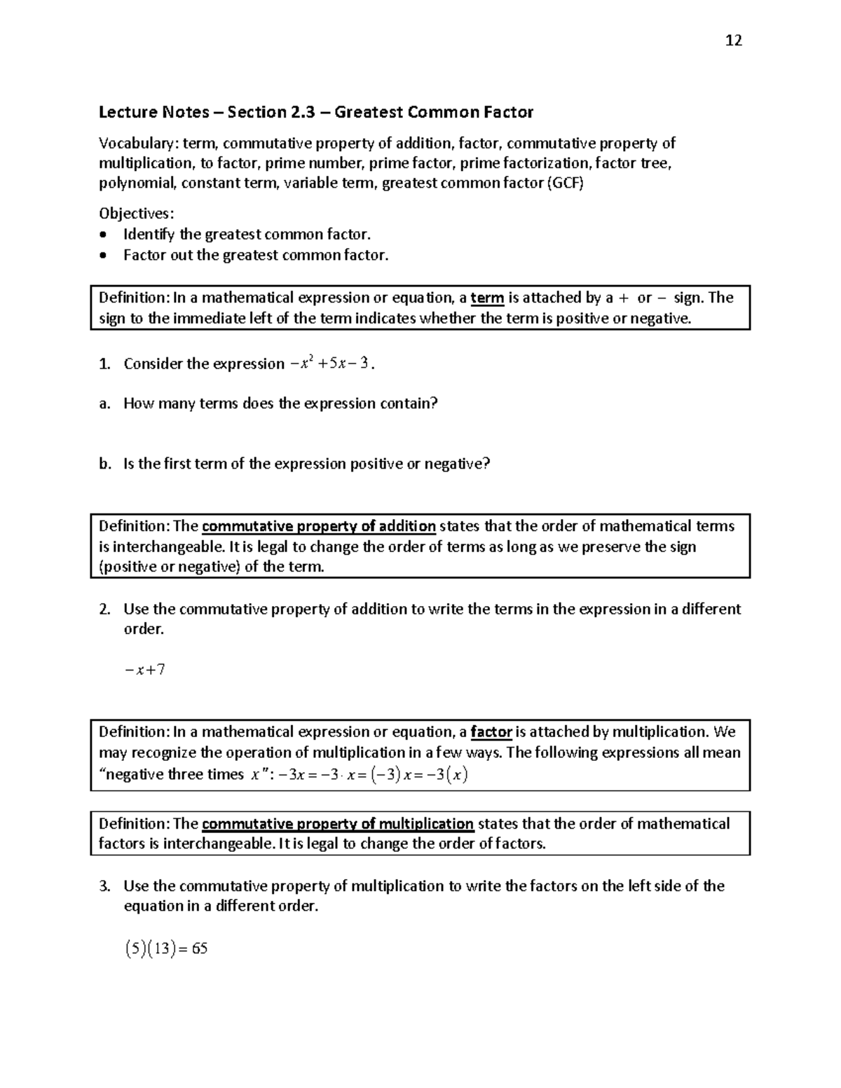M1105c 2 3 Ln Greatest Common Factor W Pg Nums Lecture Notes Section 2 Greatest Common