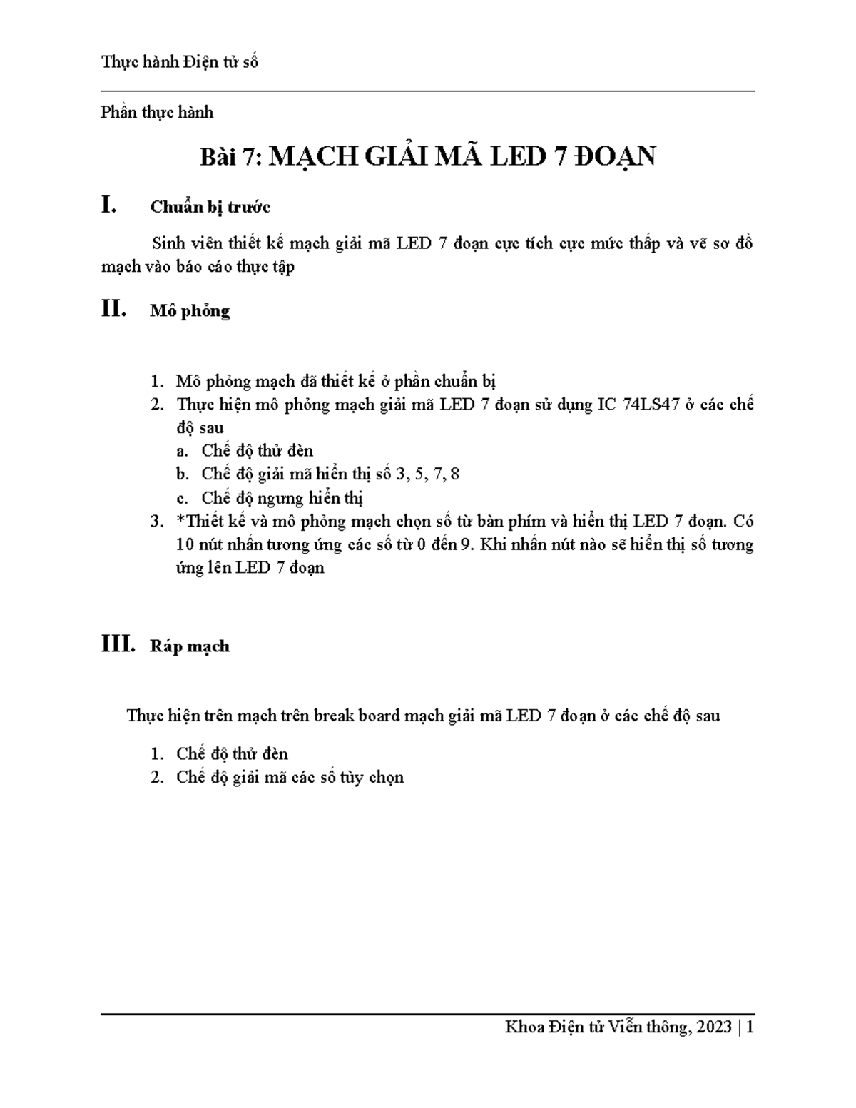 Báo cáo Thực Hành Bài 7 - Mạch Giải Mã LED 7 Đoạn 22DTV_CLC - Studocu