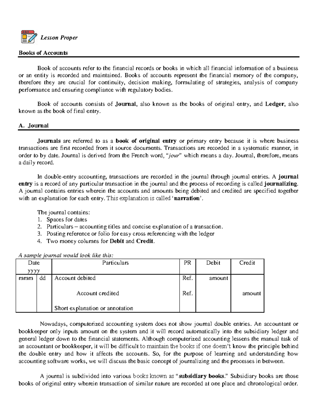 Books of Accounts & Journalizing Lesson for ACCT 101: Understanding ...