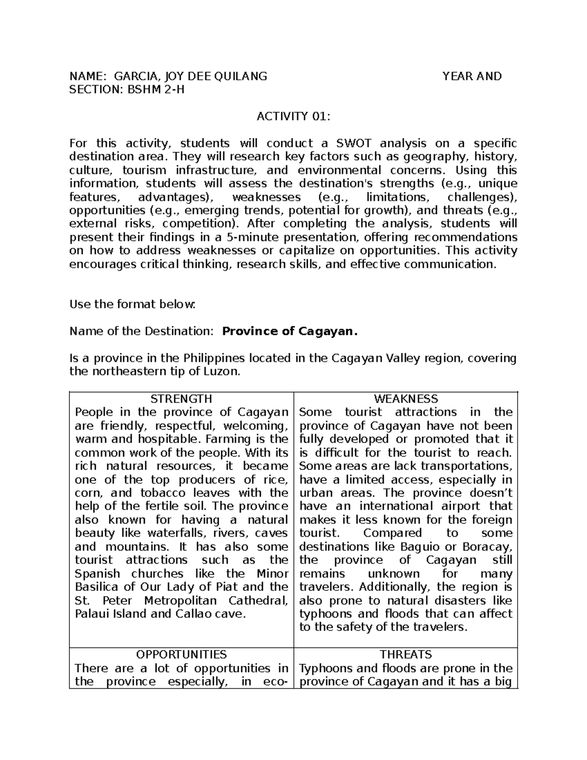 SWOT Analysis of Cagayan Province: Activity 01 - BSHM - Studocu