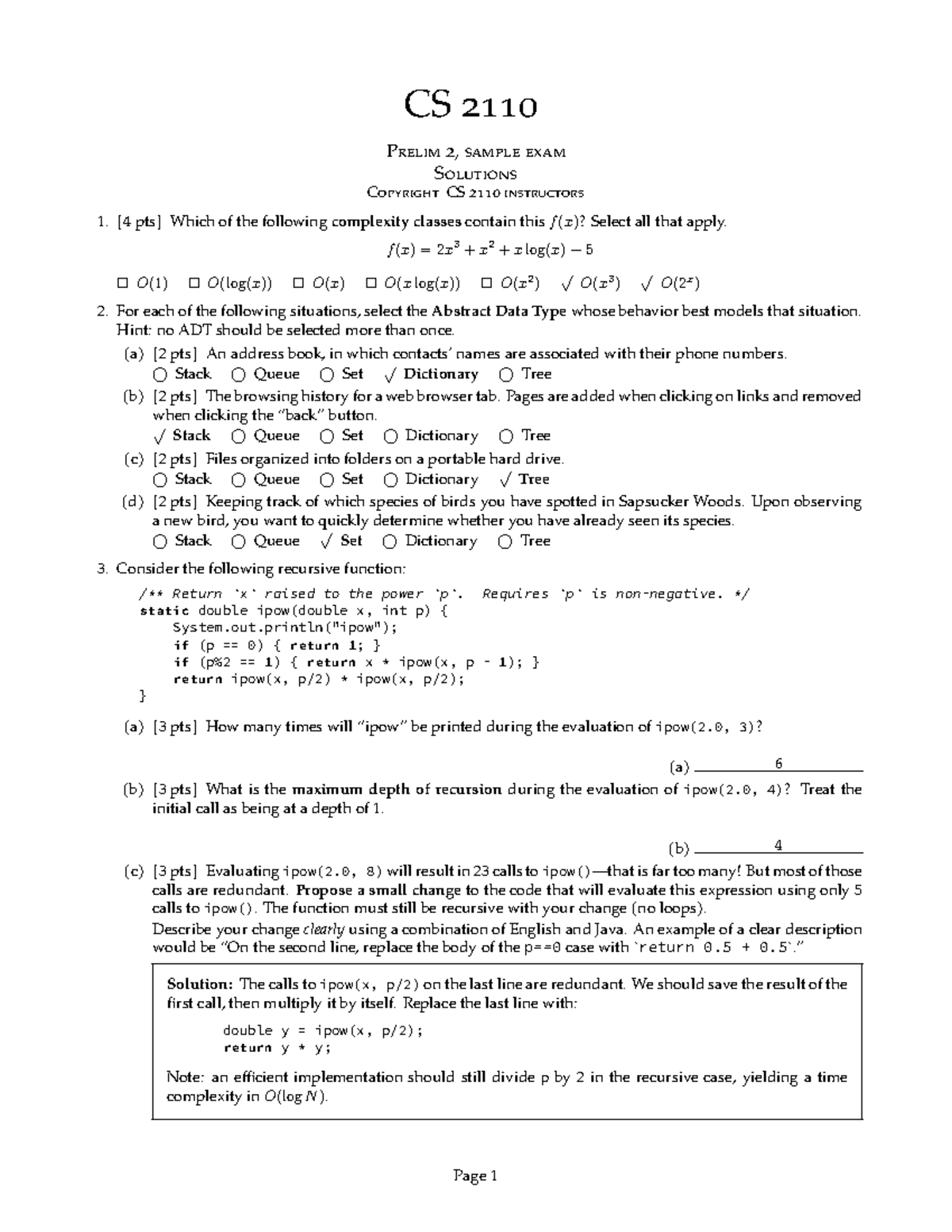 Prelim 2-sample 3-solution - CS 2110 Prelim 2, sample exam Solutions ...