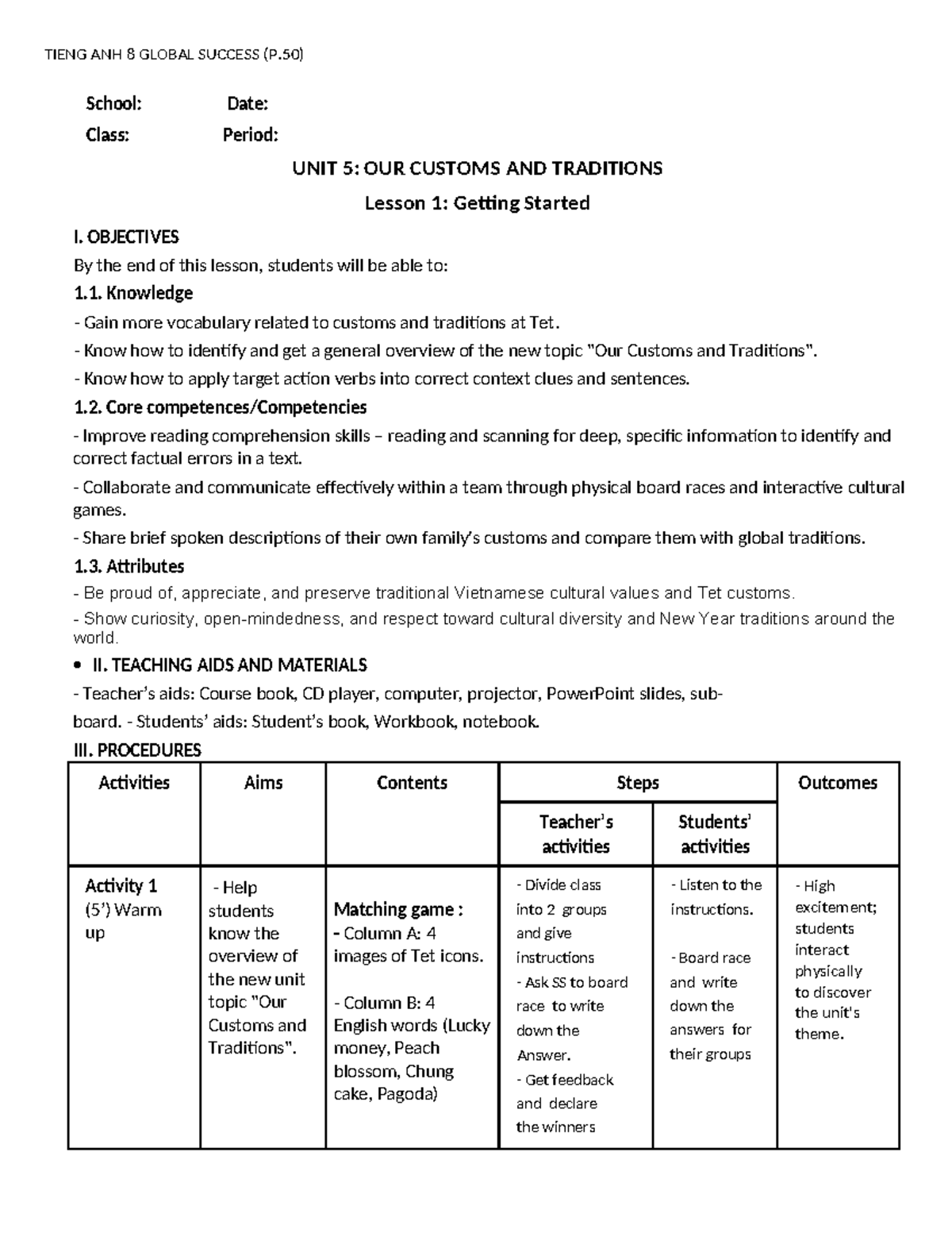 SE E8-U7-GS-NTT AN - LCT: Lesson 1 - Our Customs and Traditions - Studocu