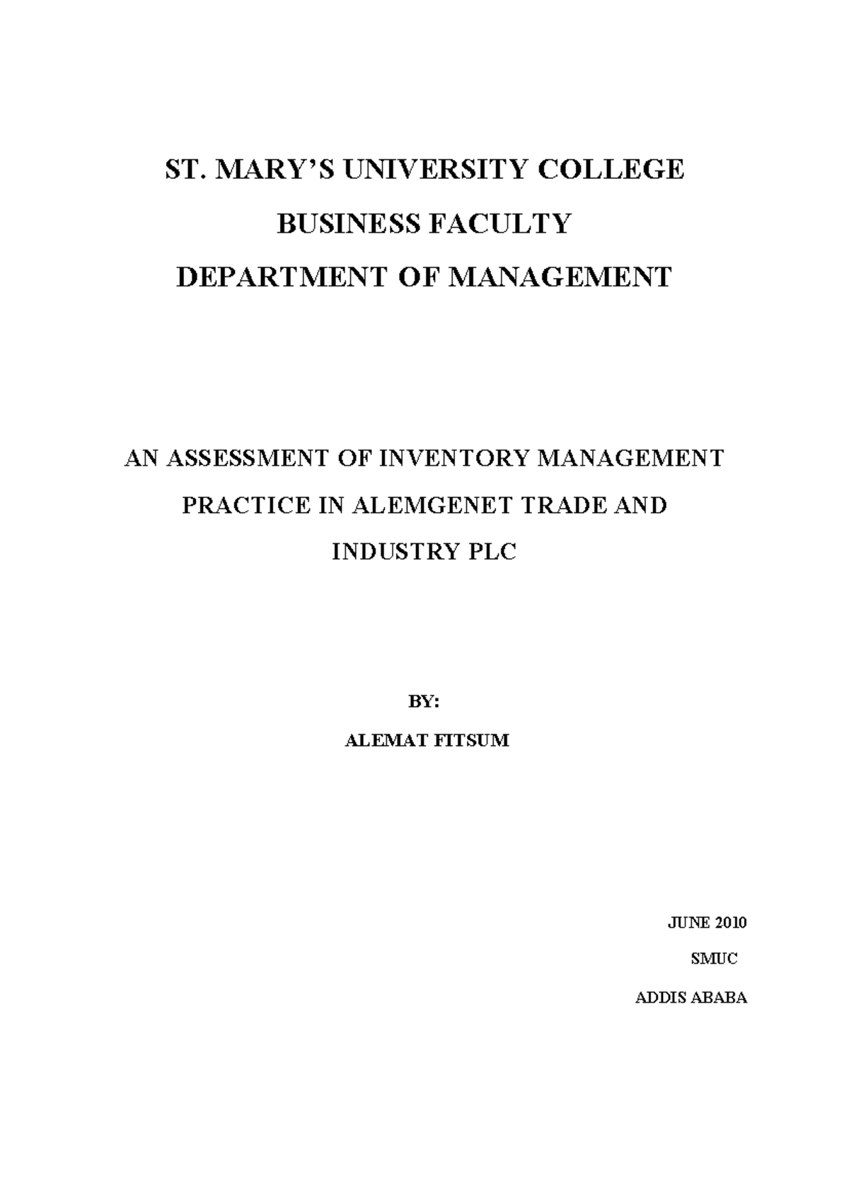 Assessment of Inventory Management Practices: BA in Management (SMUC ...