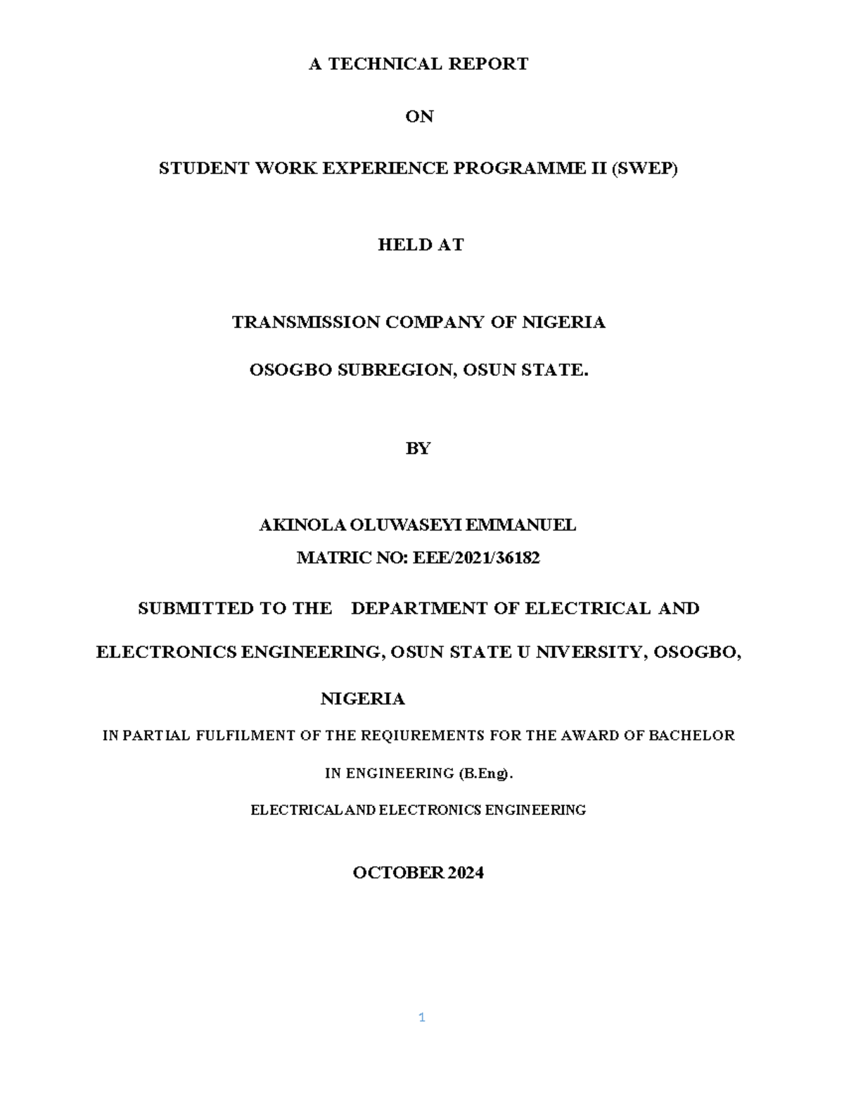 Technical Report on SWEP II at TCN Osogbo - B.Eng Electrical ...
