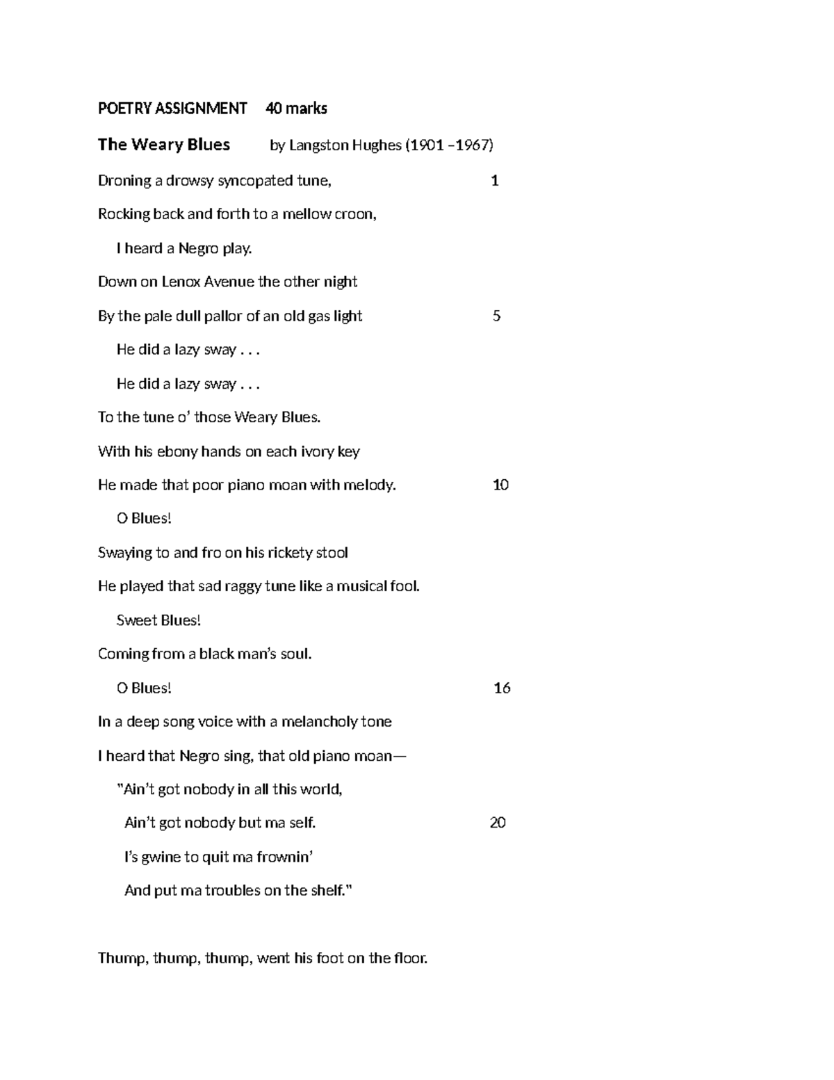 POETRY ASSIGNMENT: Analysis of "The Weary Blues" by Langston Hughes ...