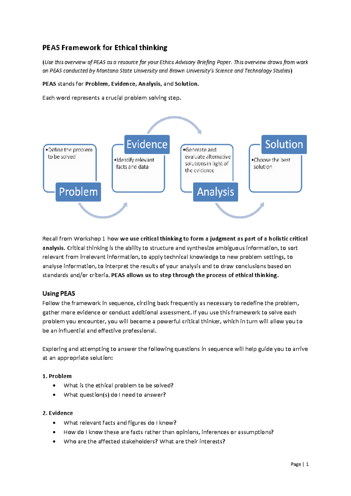 PEAS Framework for Ethical thinking - This overview draws from work on ...