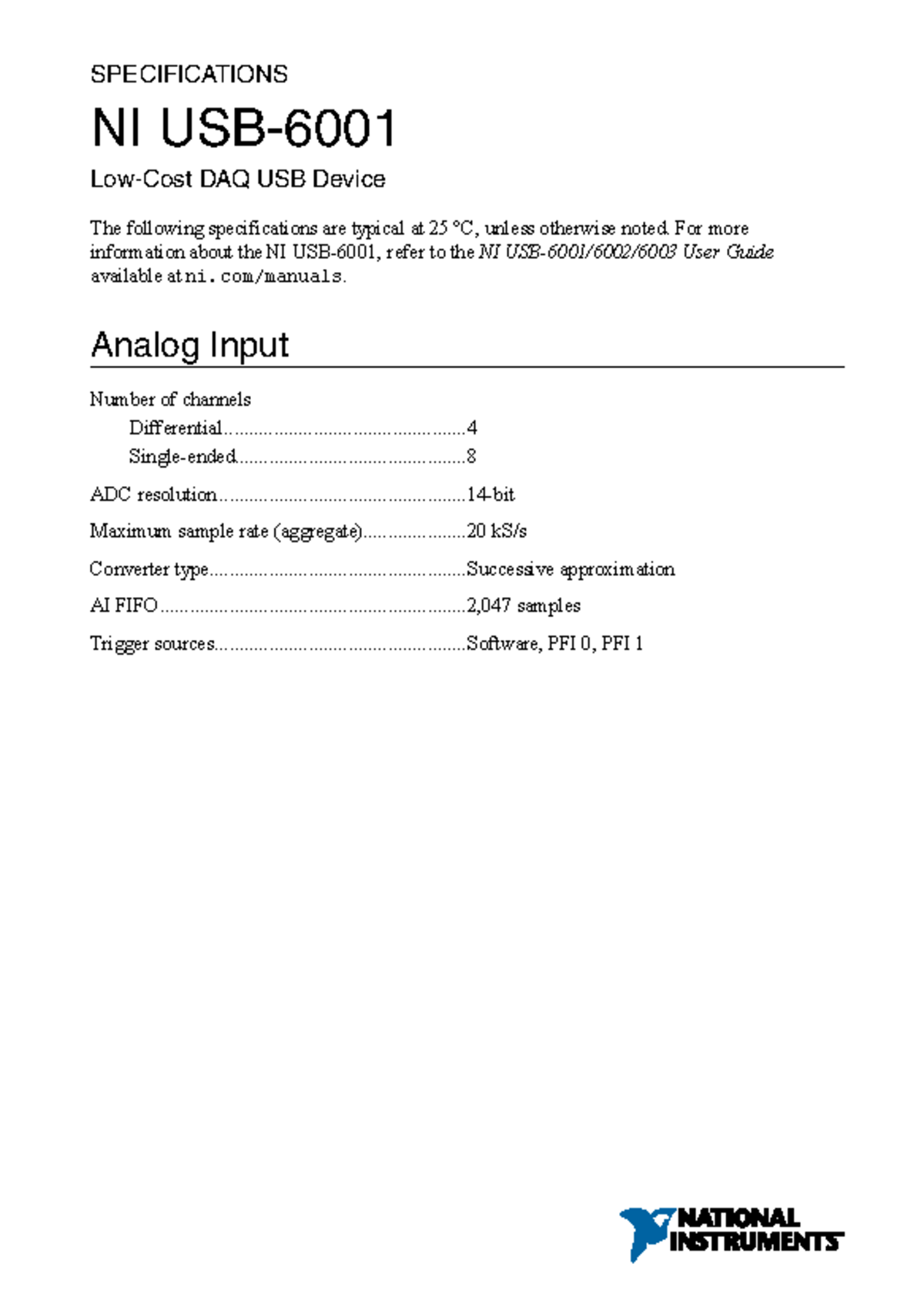 NI USB-6001 Specifications Sheet: Key Features and Details - Studocu