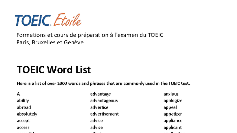 TOEIC Vocabulary List for Preparation Courses in Paris, Brussels, and ...