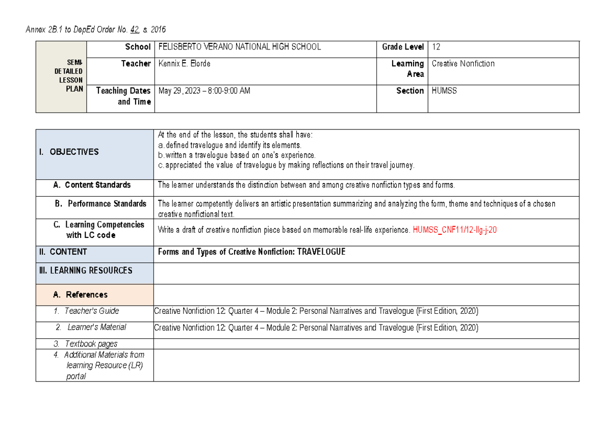 Final lesson plan for creative nonfiction travelogue (HUMSS 12) - Studocu