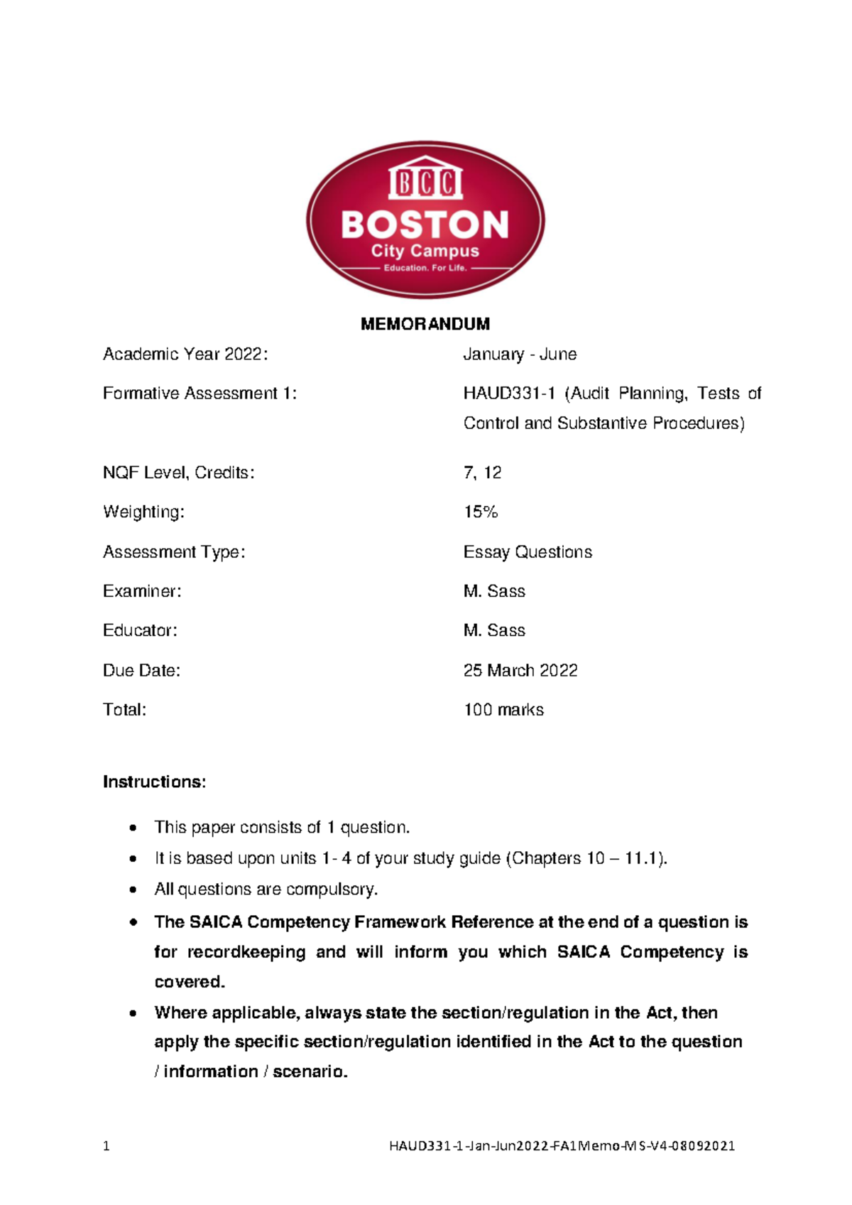 HAUD331 Jan-June 2022 Formative Assessment 1 Memo: Audit Planning ...