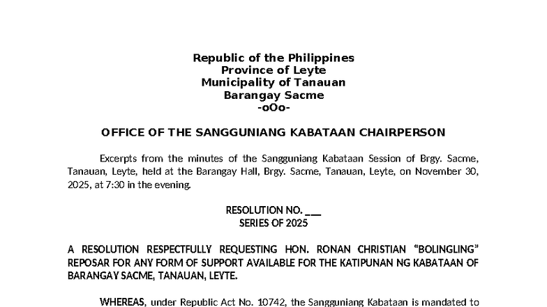 SK Resolution No. 2025: Support Request for Youth Programs in Brgy ...