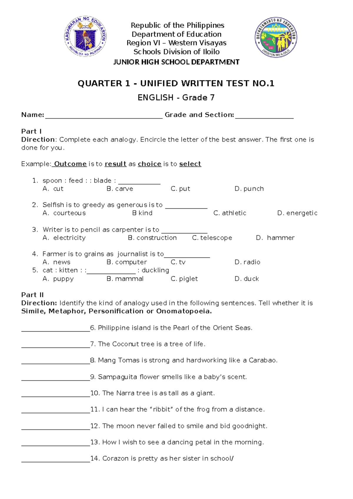 English Grade 7 - Periodical Exam Review and Test Answers - Studocu