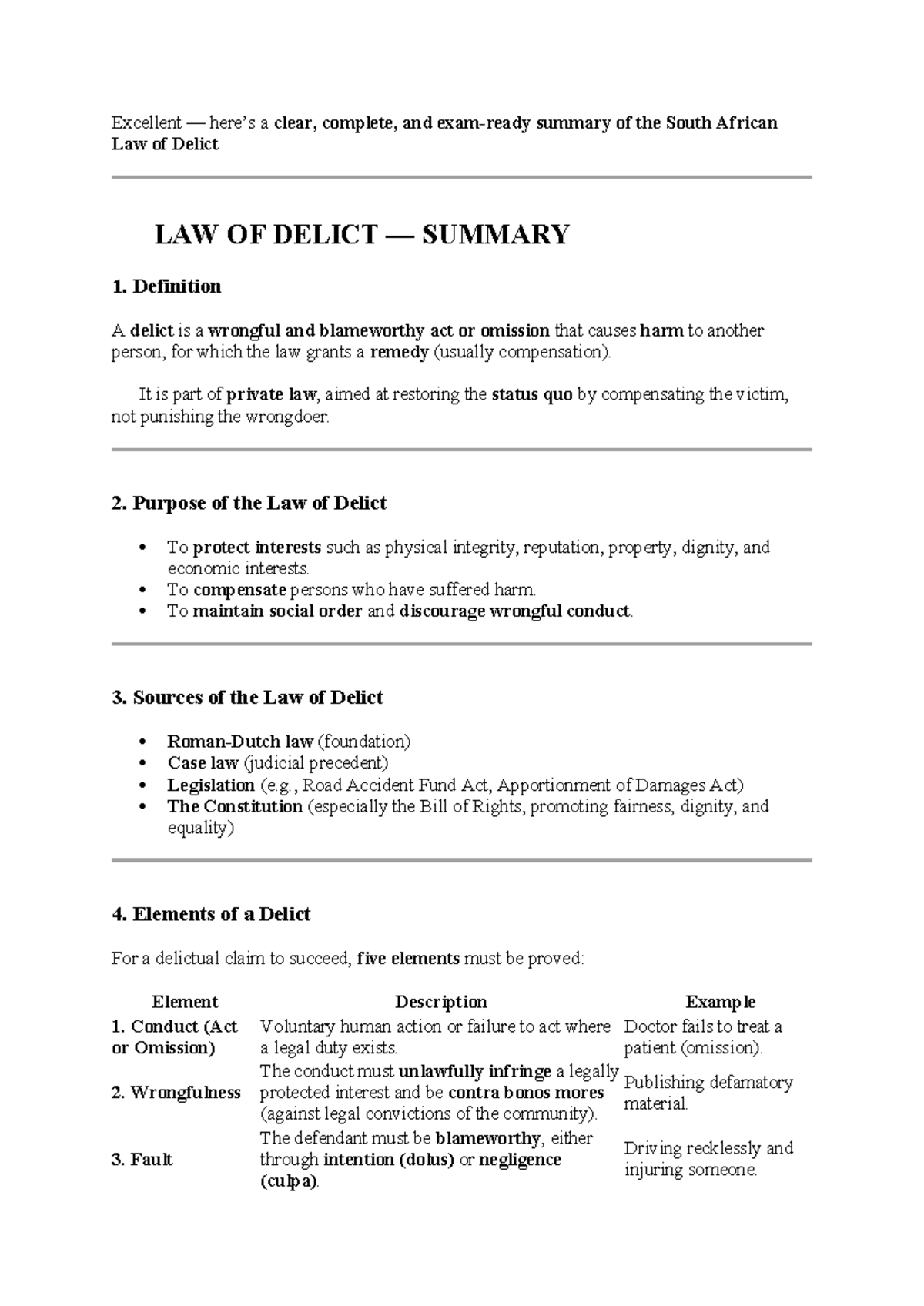 LAW OF DELICT SUMMARY: Key Concepts & Elements for Exam Prep - Studocu