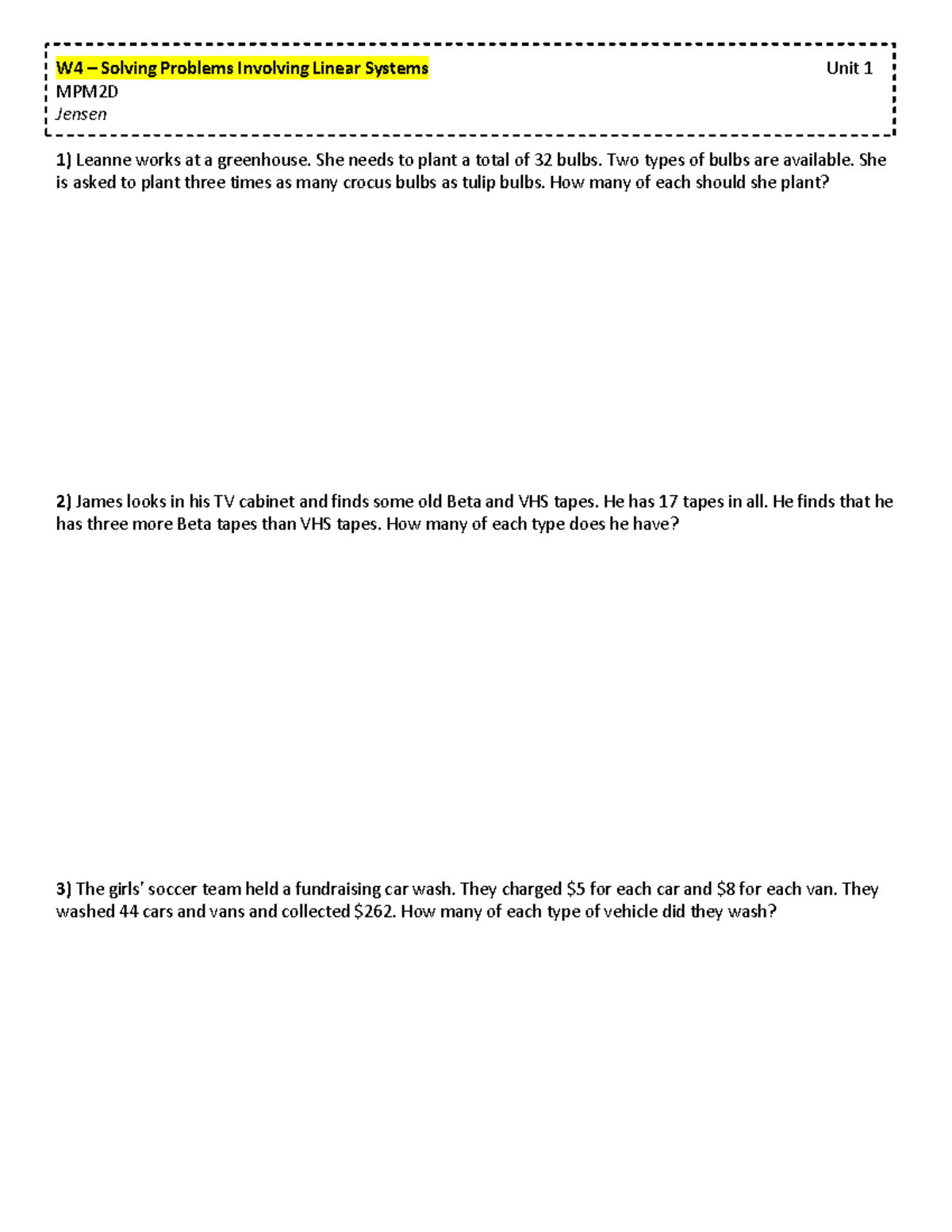 U1w4s linear system applications - W 4 – Solving Problems Involving ...