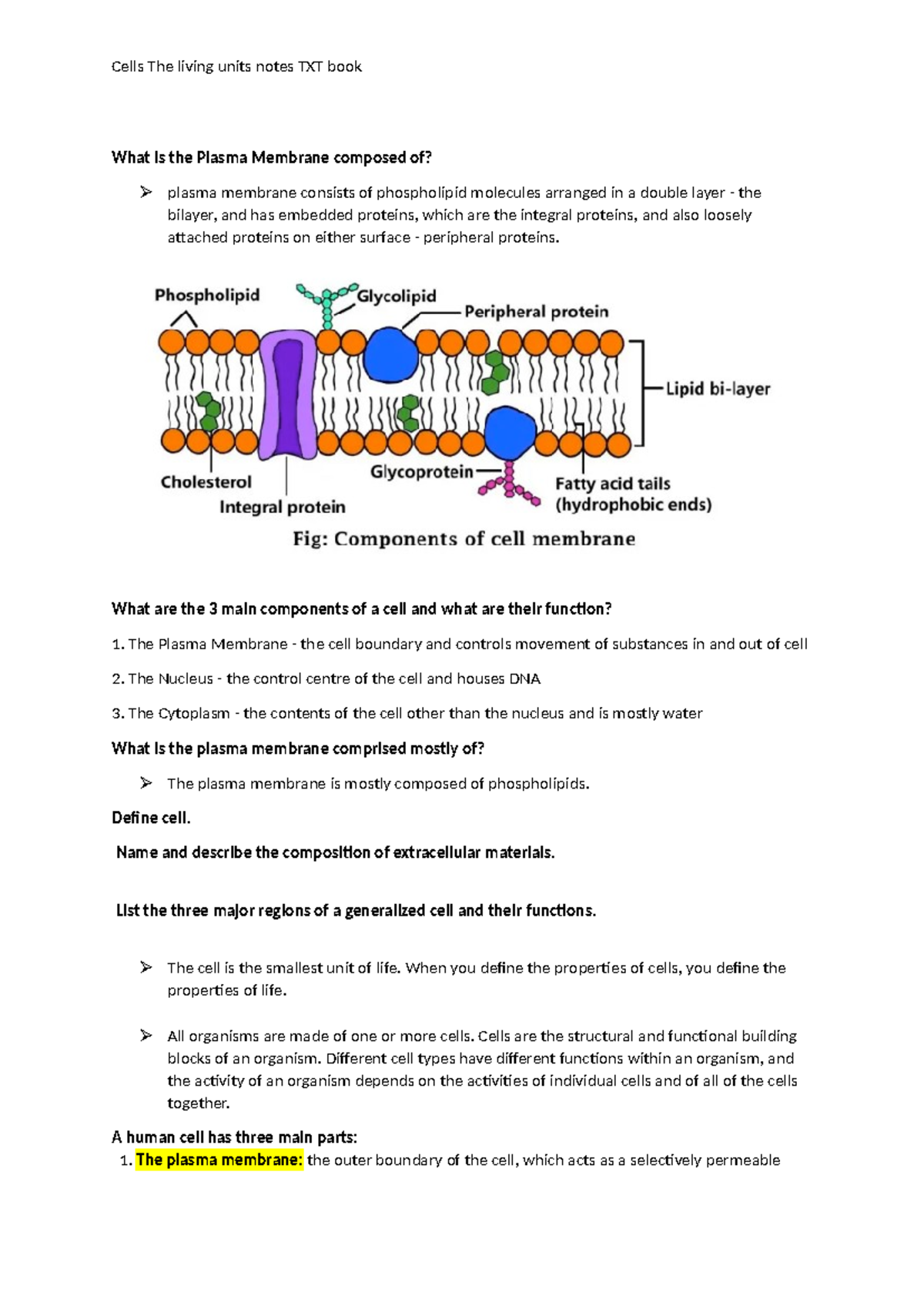 Cells: The Living Units - Notes on Plasma Membrane & Cell Structure ...