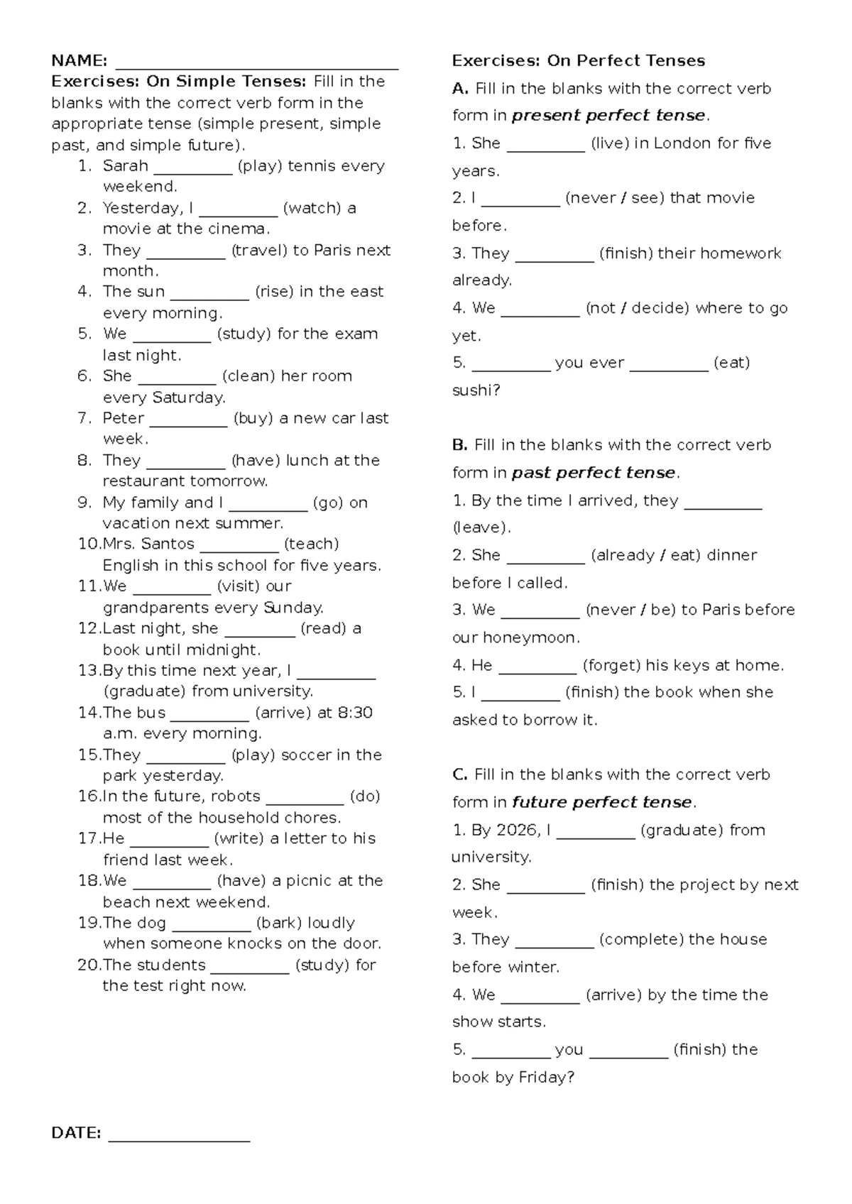 Exercises: On Perfect Tenses (Grammar Practice) - Studocu
