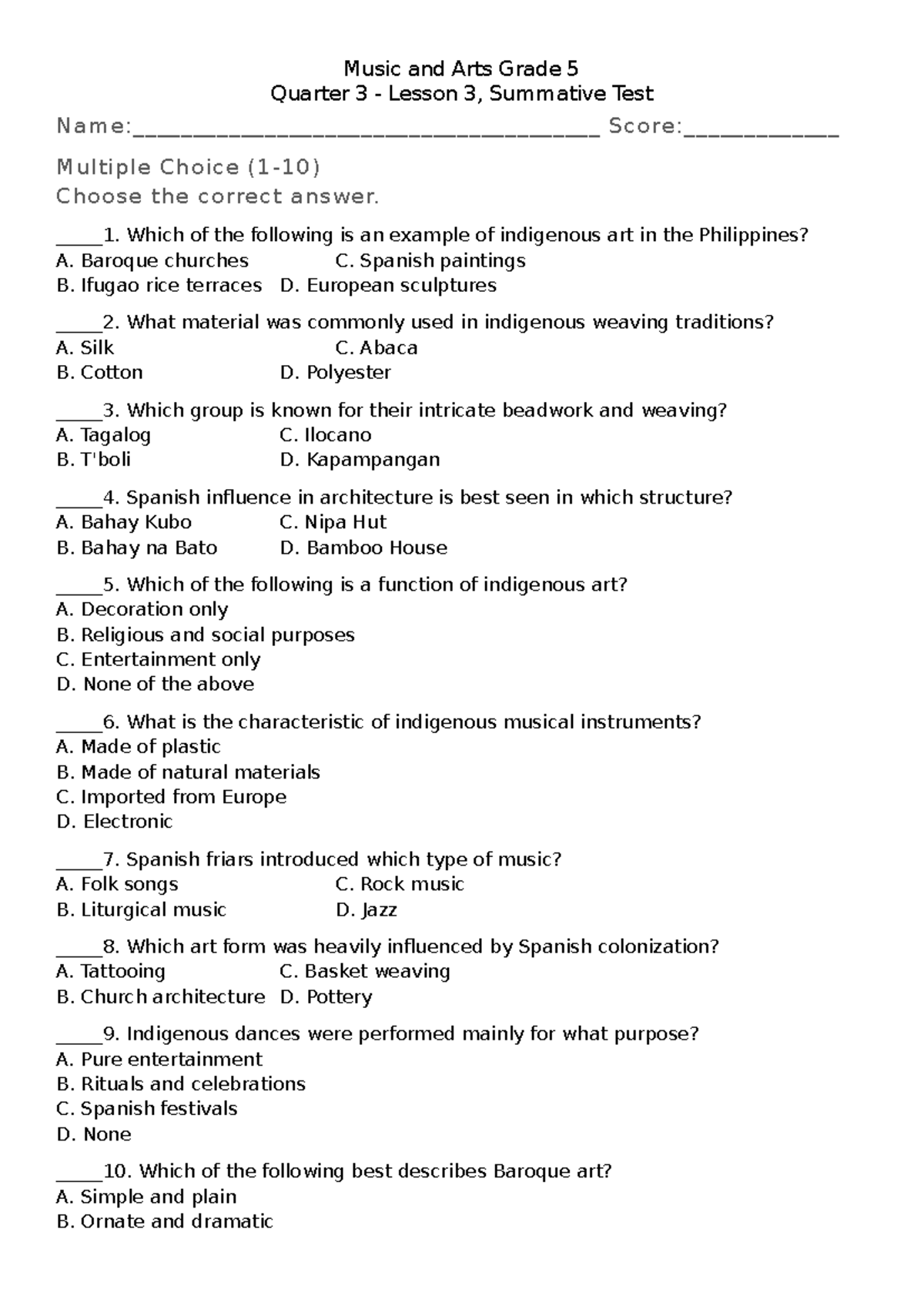 Music and Arts Grade 5 Q3 Lesson 3 Summative Test Review - Studocu