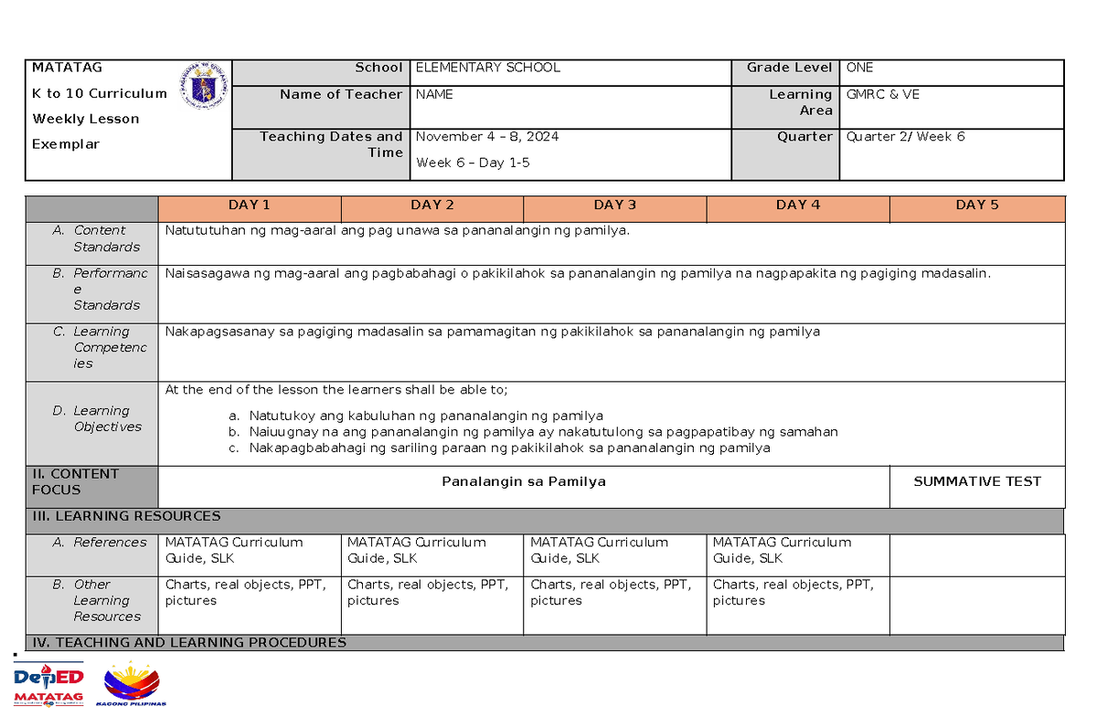Q2-LE-Matatag Week 6 Lesson on Family Prayer in GMRC - Studocu