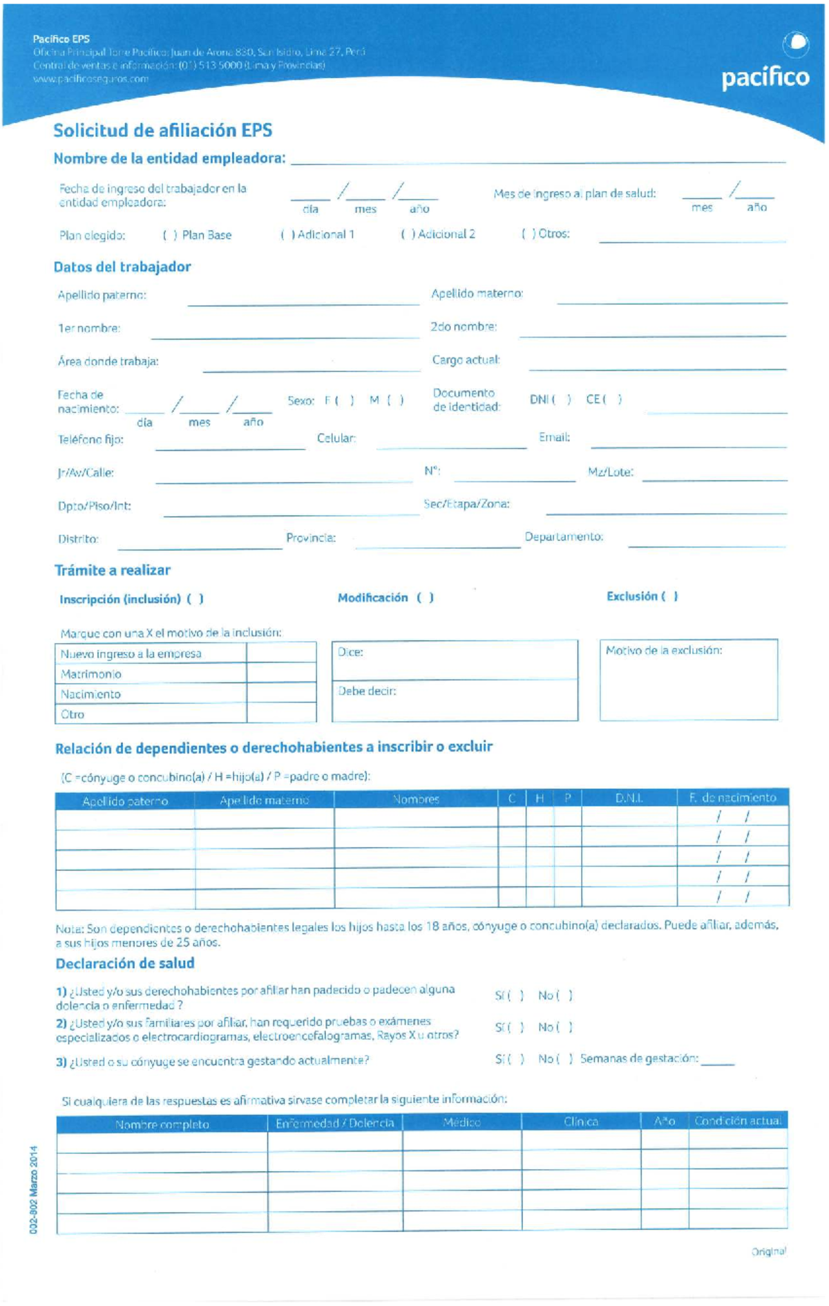 Ficha de Solicitud de Afiliación EPS Pacífico - Marzo 2014 - Studocu