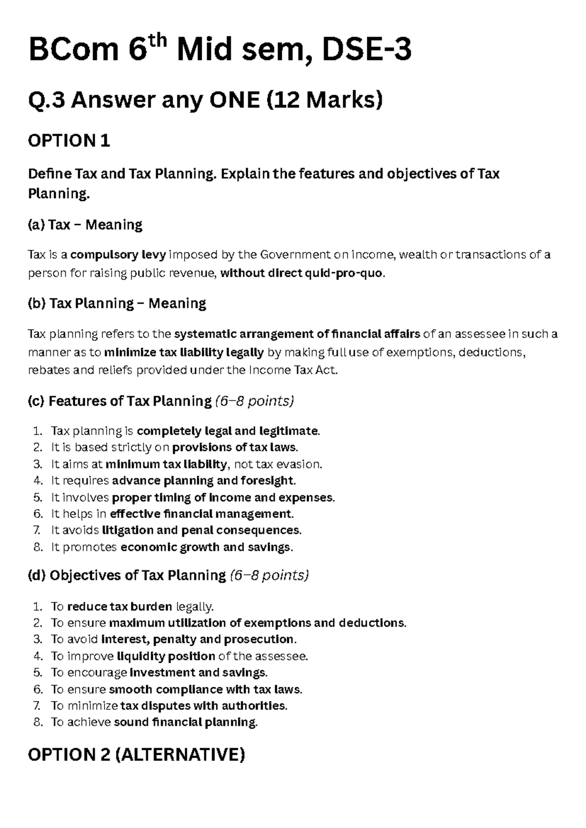 BCom 6th Mid Sem, DSE-3 - Tax Planning & Business Losses Overview - Studocu