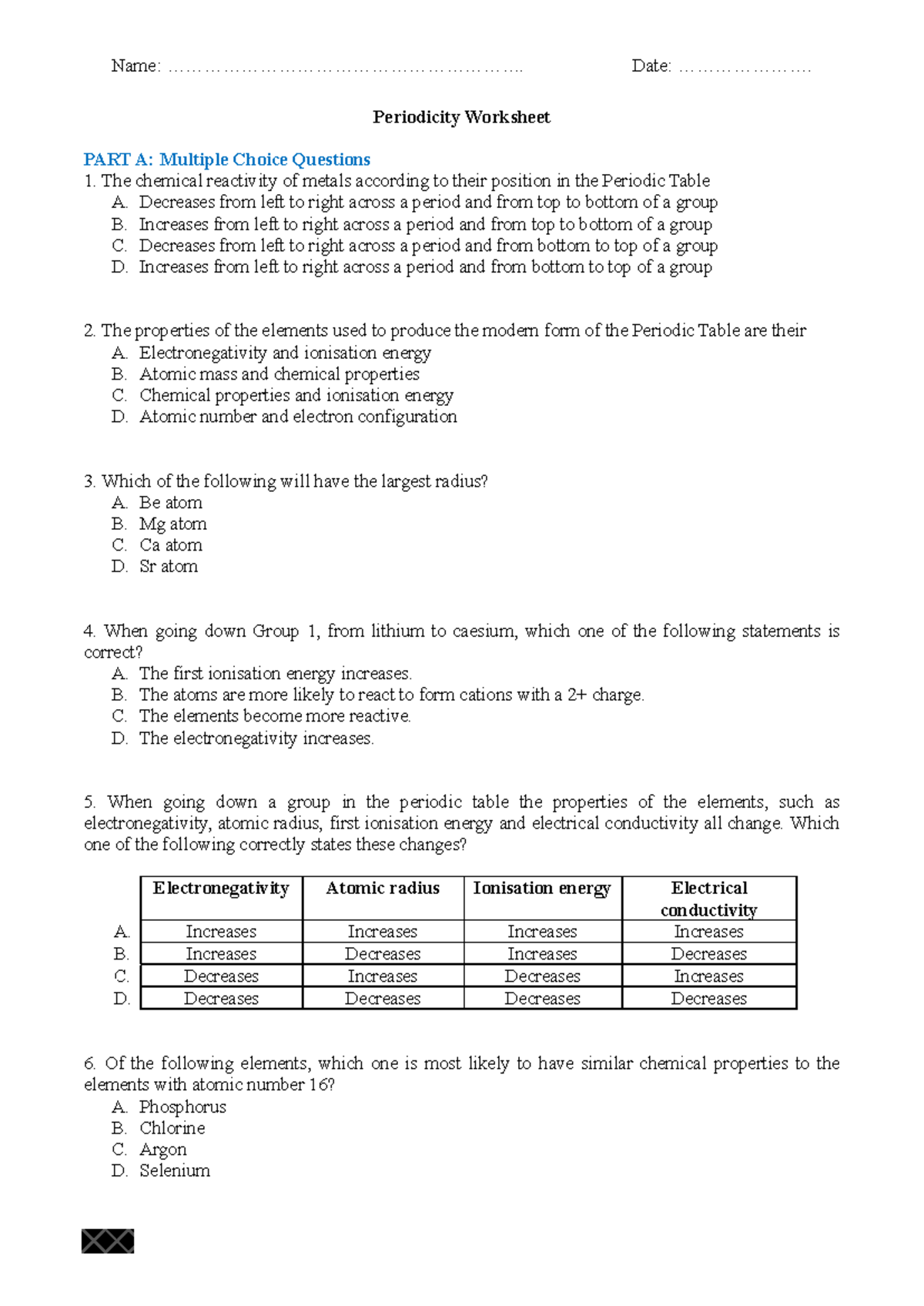 Periodic Trends in the Periodic Table - Worksheet and MCQs - Studocu