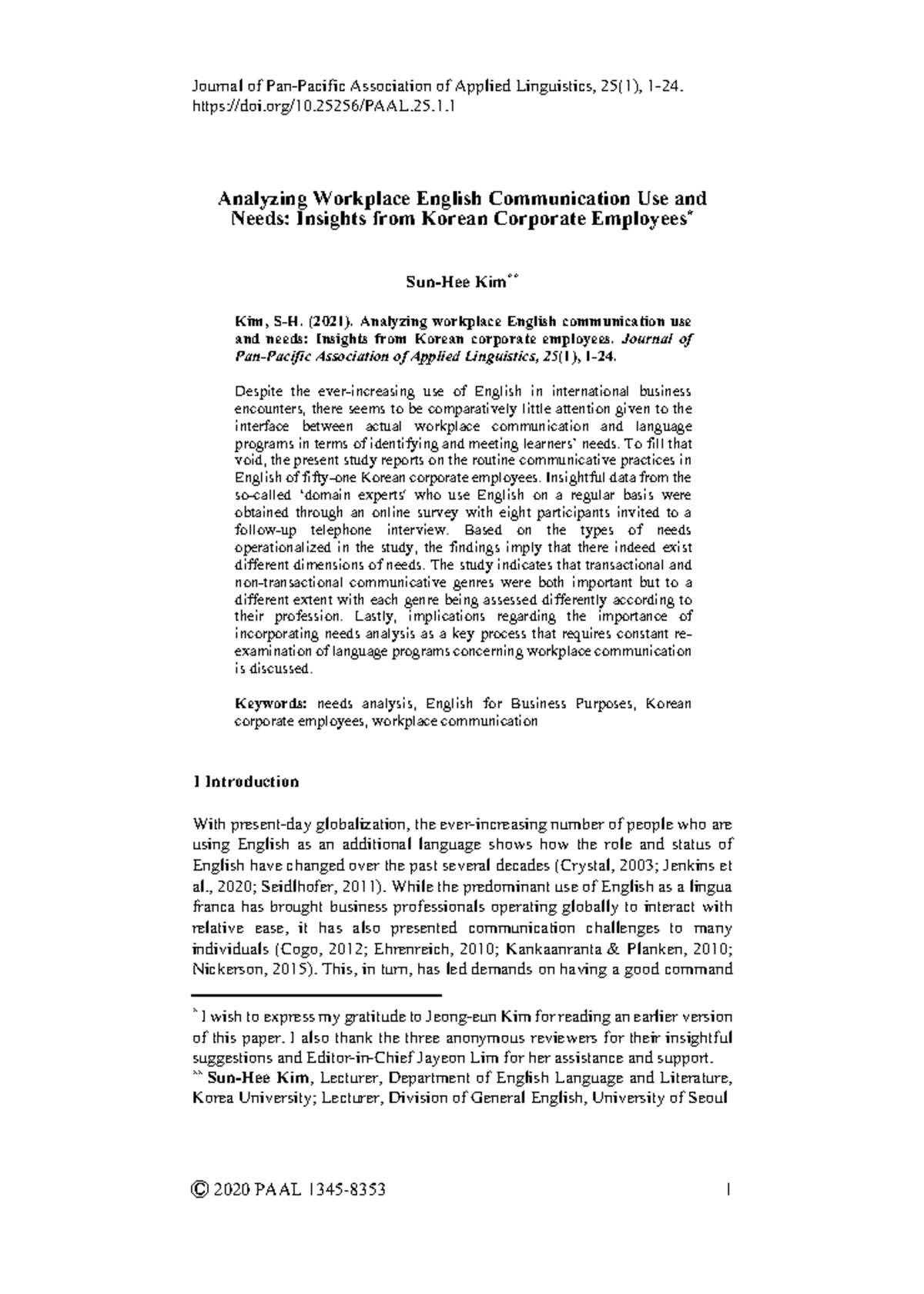 Korean Work place - Journal of Pan-Pacific Association of Applied ...