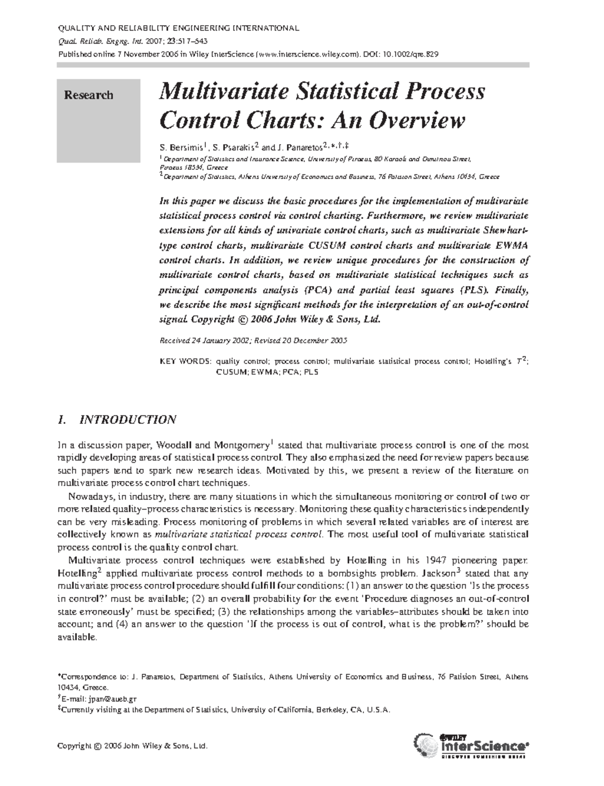Multivariate Statistical Process Control Charts Overview - Qual. Reliab ...