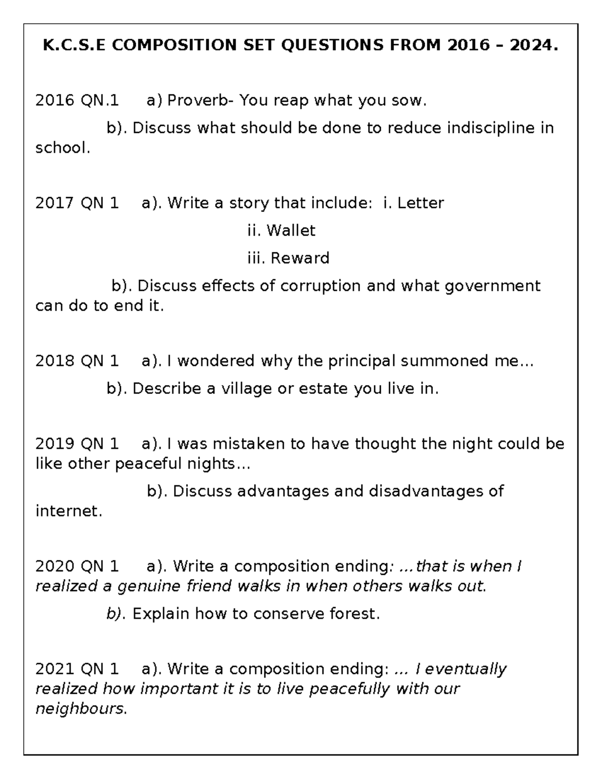 K.C.S.E Composition Questions 2016-2024: Set Analysis and Insights ...