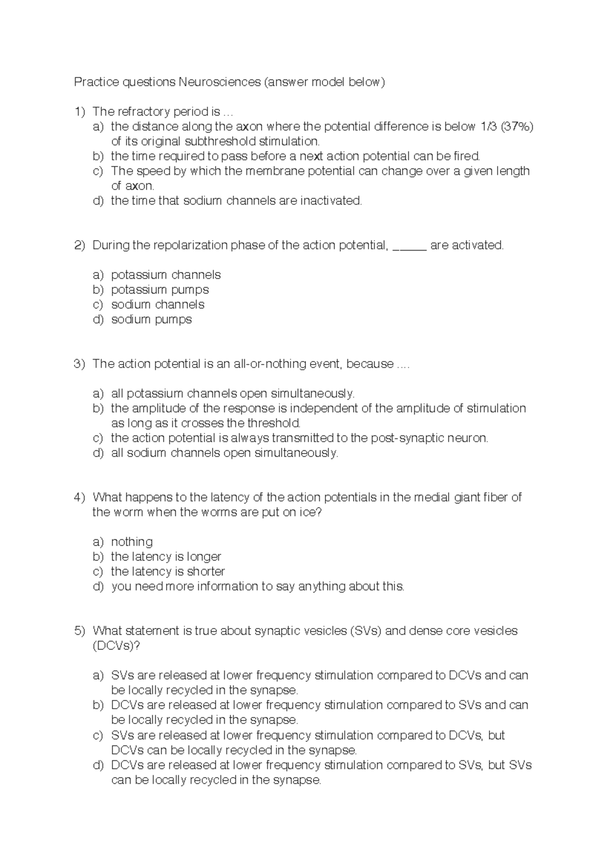 Neuroscience Practice Questions and Answers - 2018 Exam Review ...