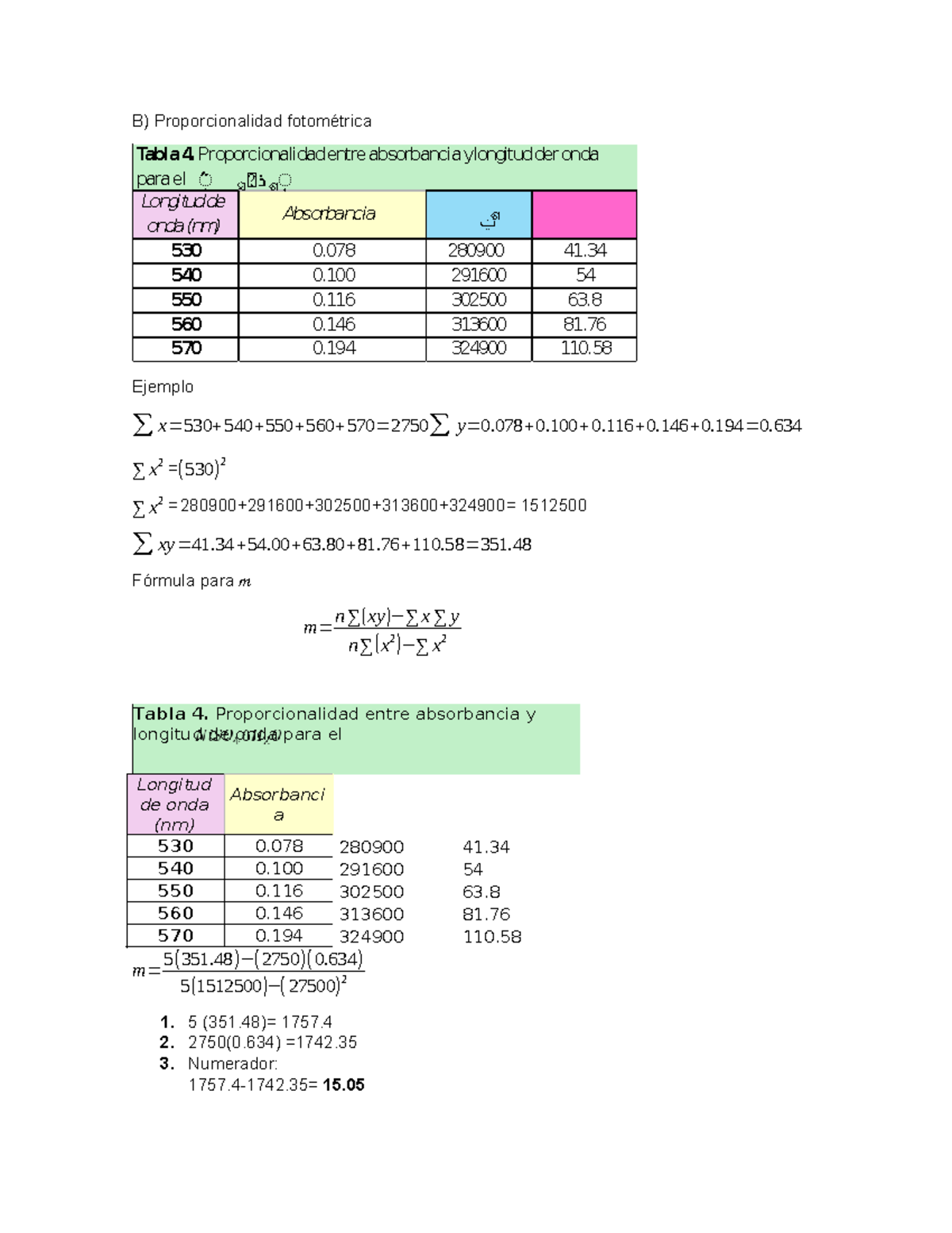 Practica 5. Calculos - B) Proporcionalidad fotométrica Longitud de onda ...