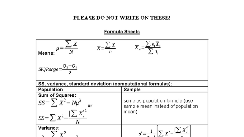 Formula Sheet for Stats: Key Concepts & Computations - Studocu