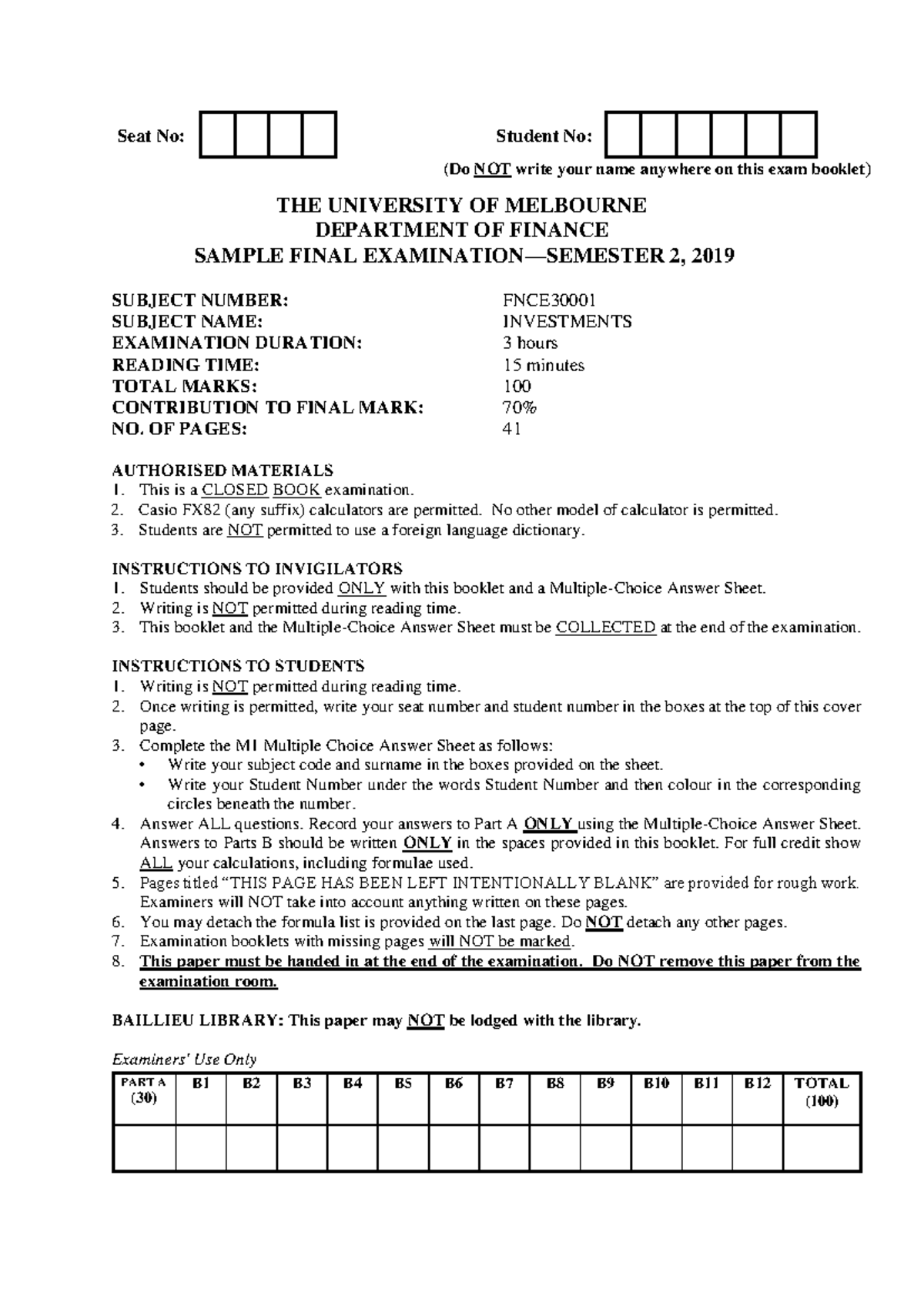 Final FNCE30001 Sample Final Exam 2024 - Investments Overview - Studocu