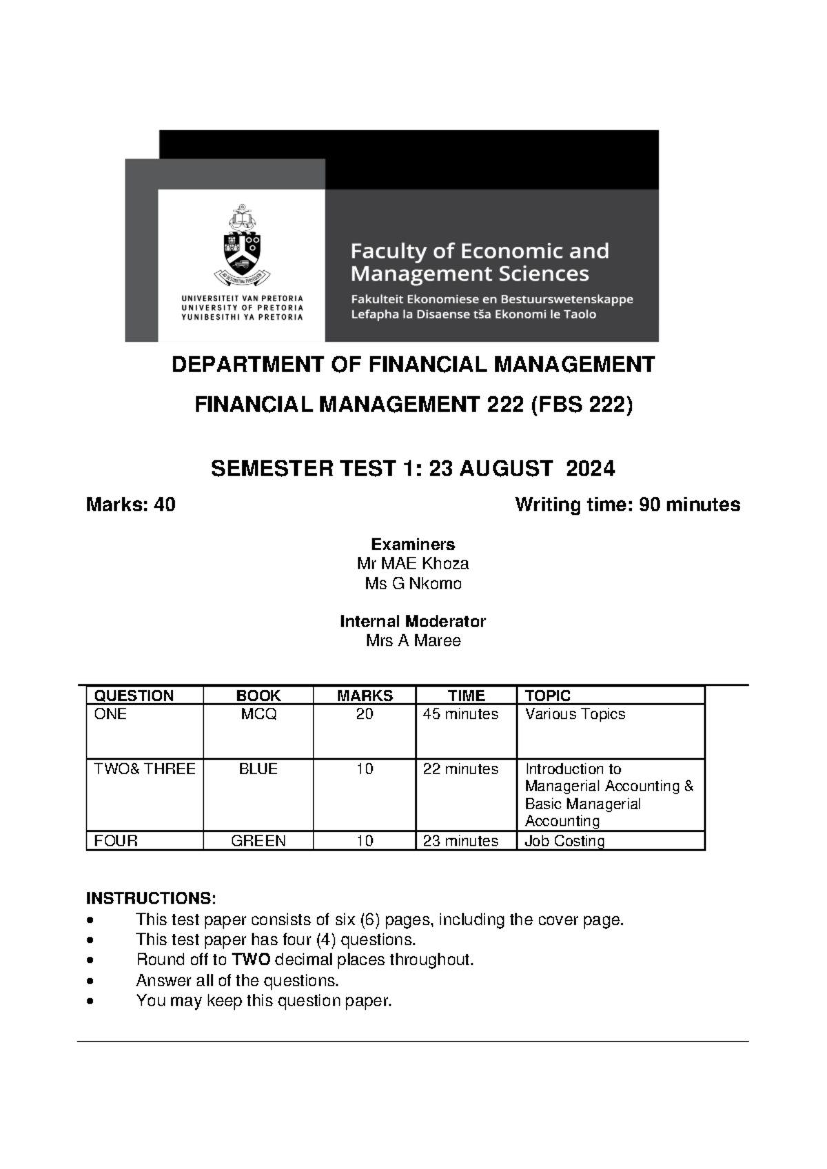 FBS 222 Semester Test 1 - Exam Preparation and Guidelines - Studocu