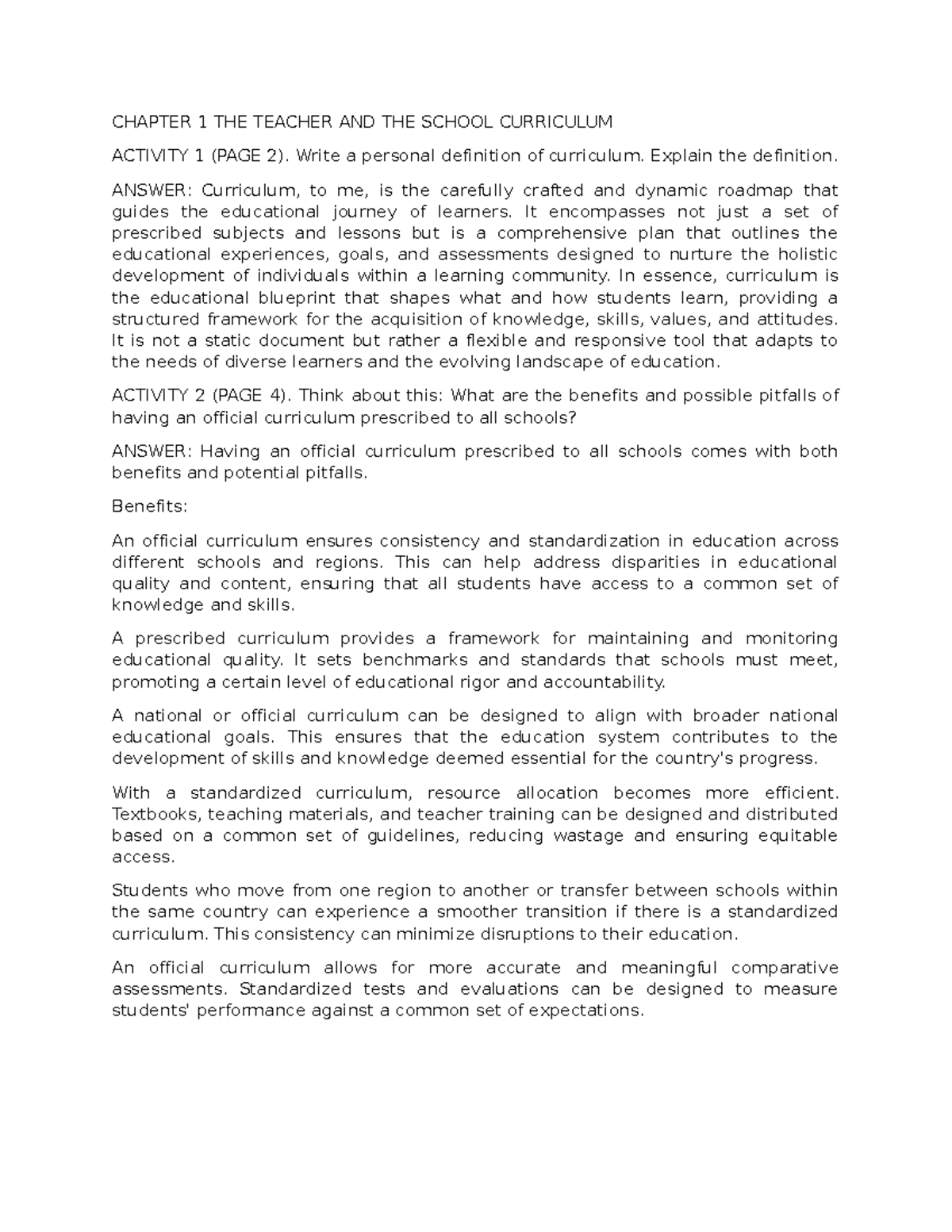 Chapter 1 THE Teacher AND THE School Curriculum - CHAPTER 1 THE TEACHER ...