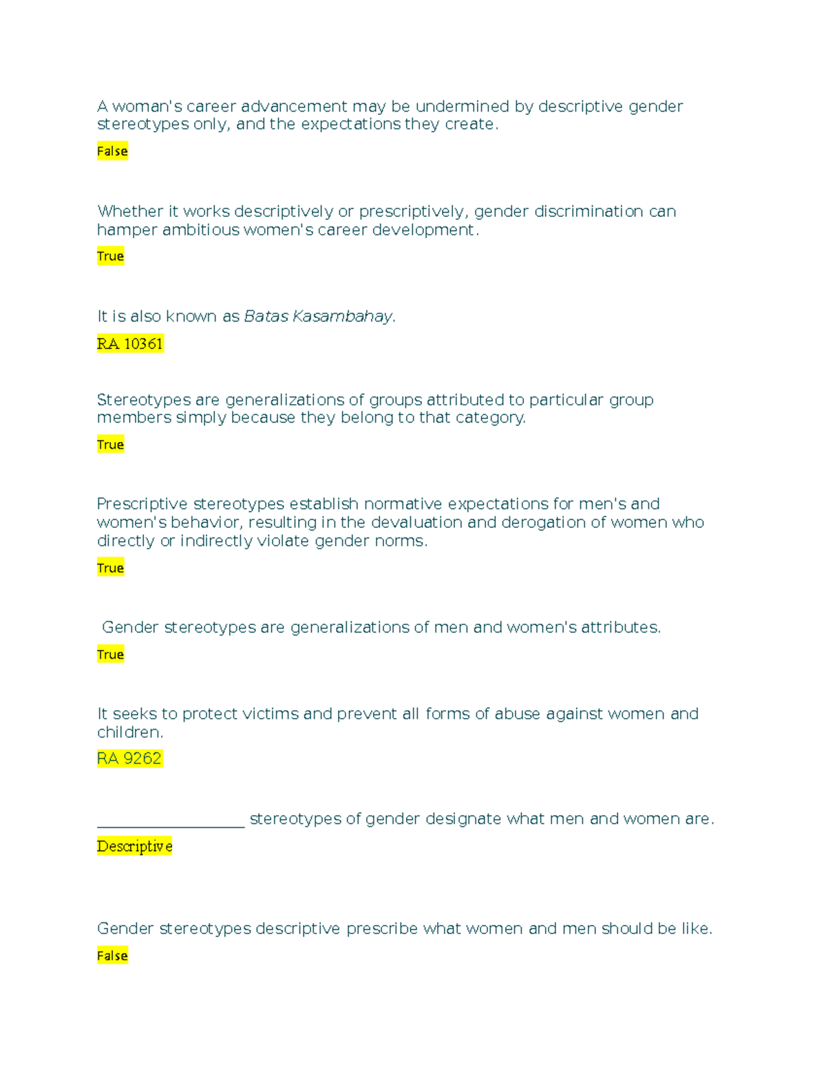 Gender and Society Mterm Quiz 2: Gender Stereotypes and Discrimination ...