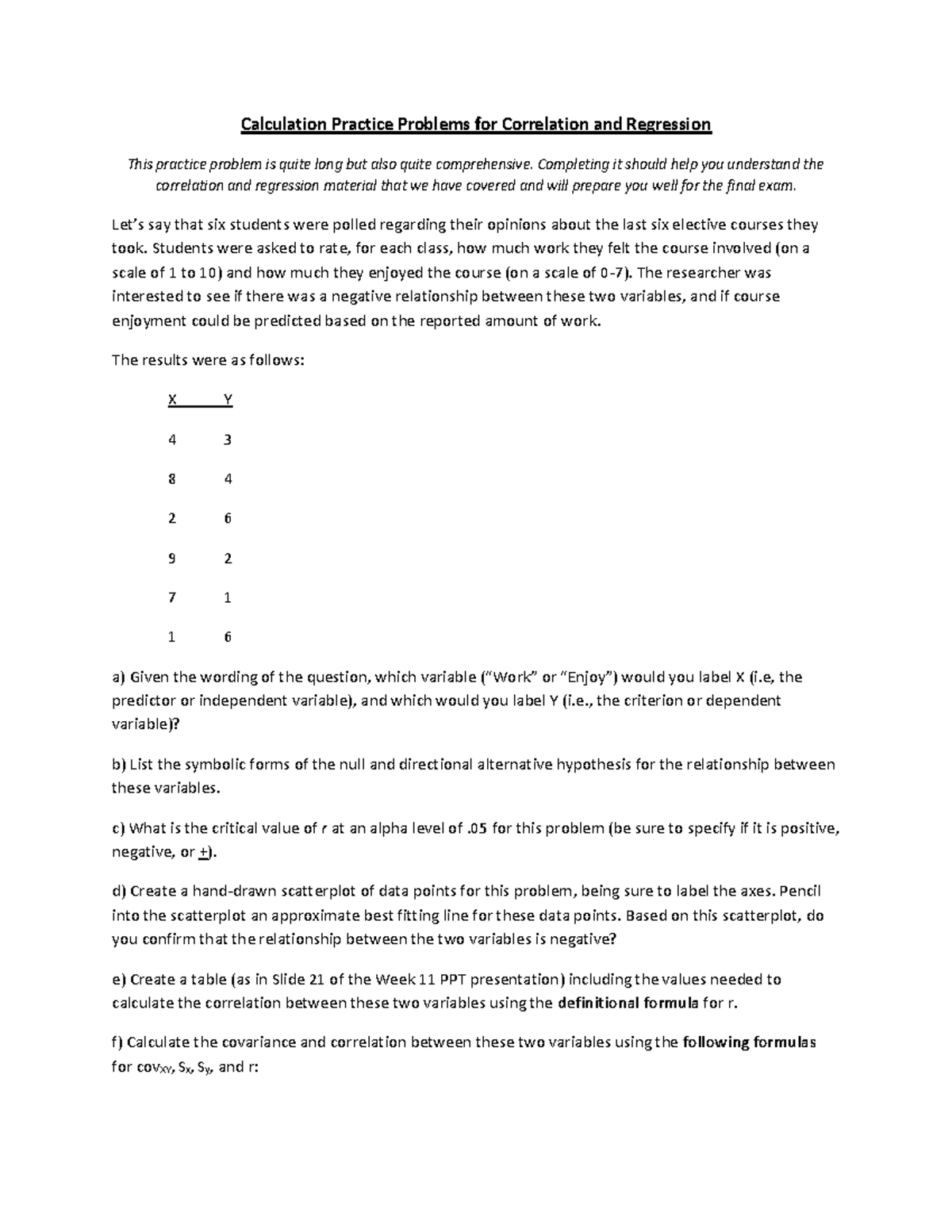 Correlation and Regression Calculation Practice: Final Exam Prep - Studocu