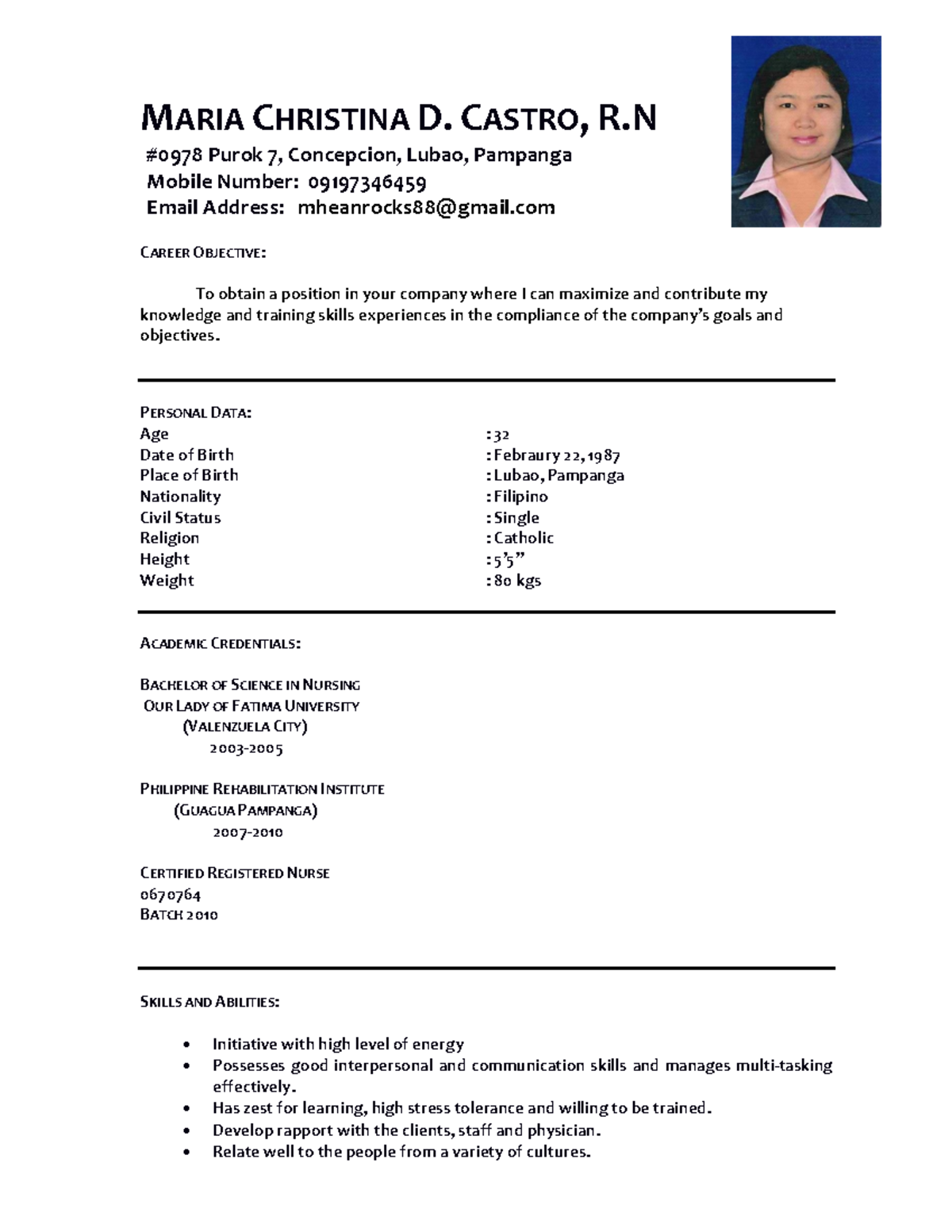 Resume of Maria Christina D. Castro, R.N. - PRC License #0670764 - Studocu